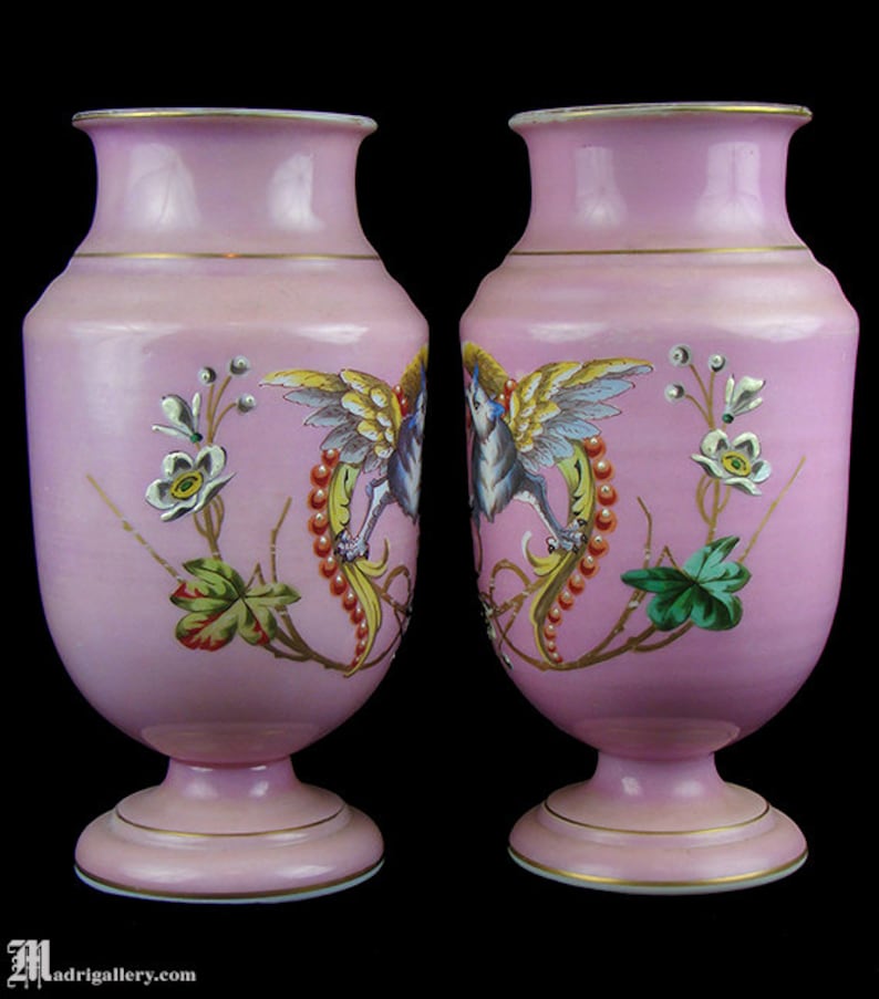 Victorian Baccarat Opaline Glass Urn Vases, Pink Hand Painted Griffin ...