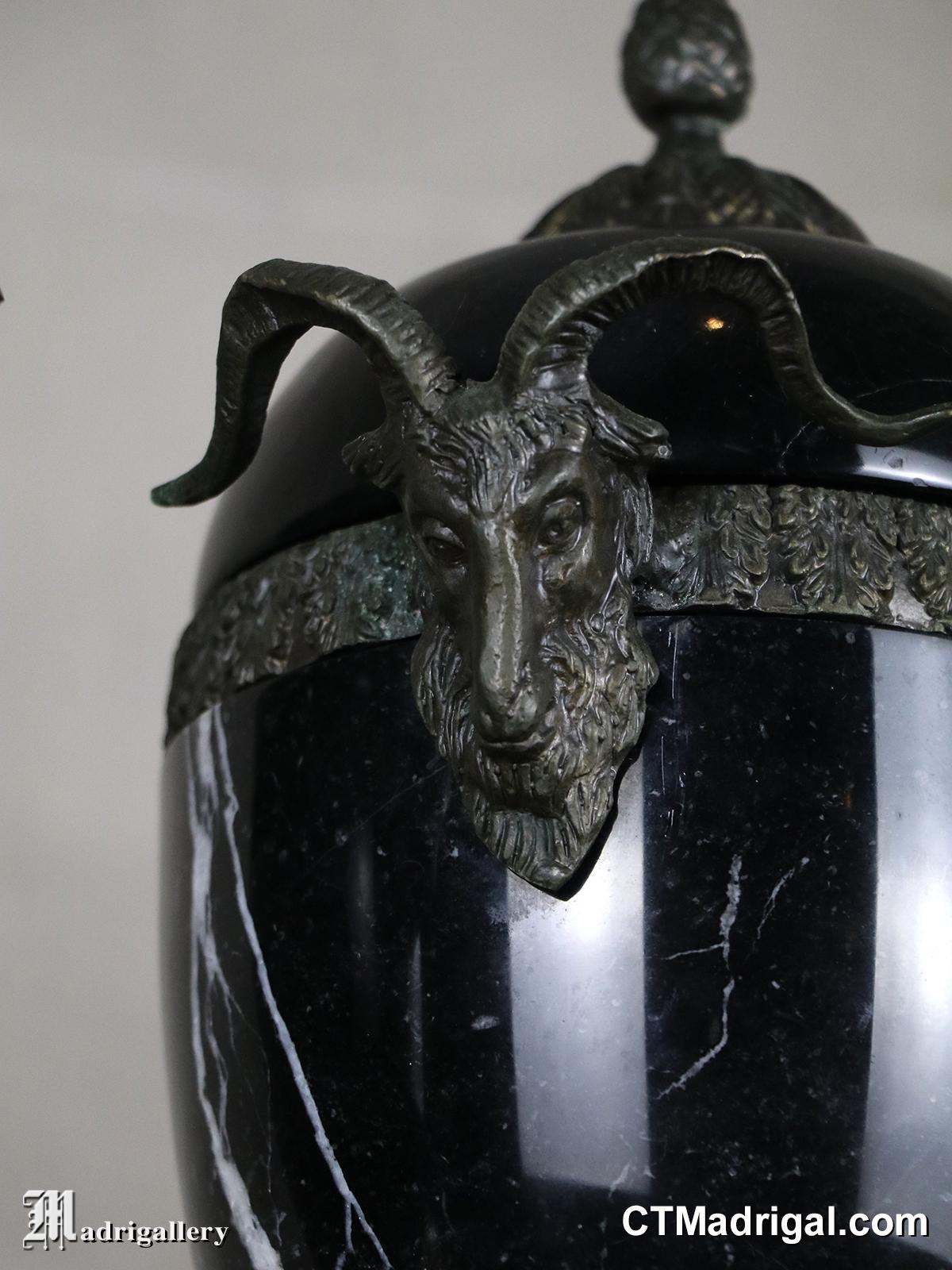 Pair Antique Marble Urn Vase Pot Jars Bronze Goat Ram Handles Black ...