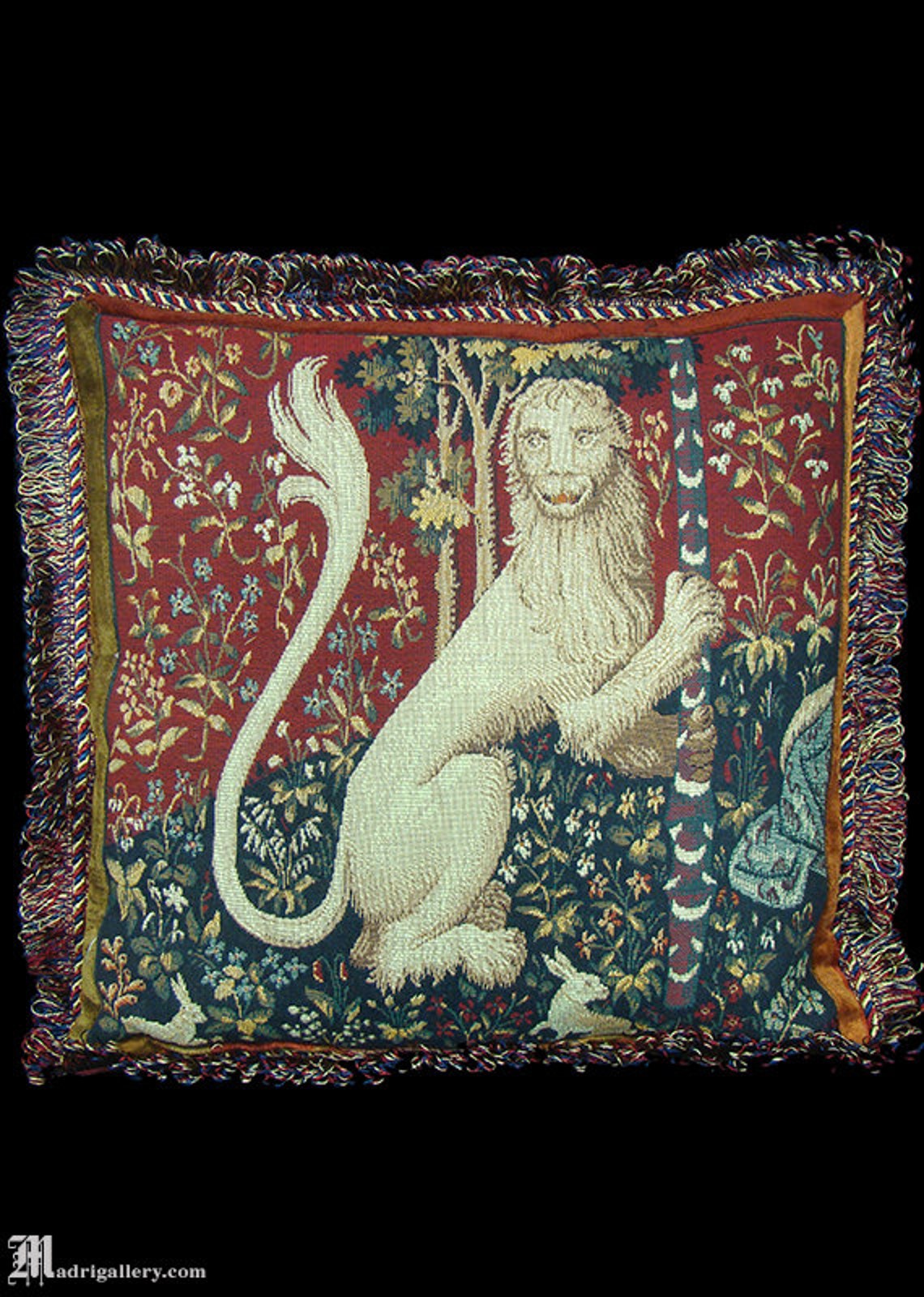 Gothic Lion Tapestry Pillow, Red, Loop Fringe Trim, Striped Velvet Back ...