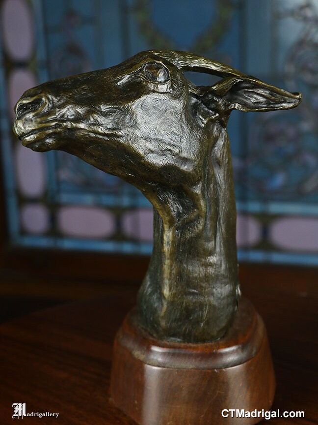 Bronze Goat Sculpture, Wood Base Animal Figurine Statue Bust Hunting ...
