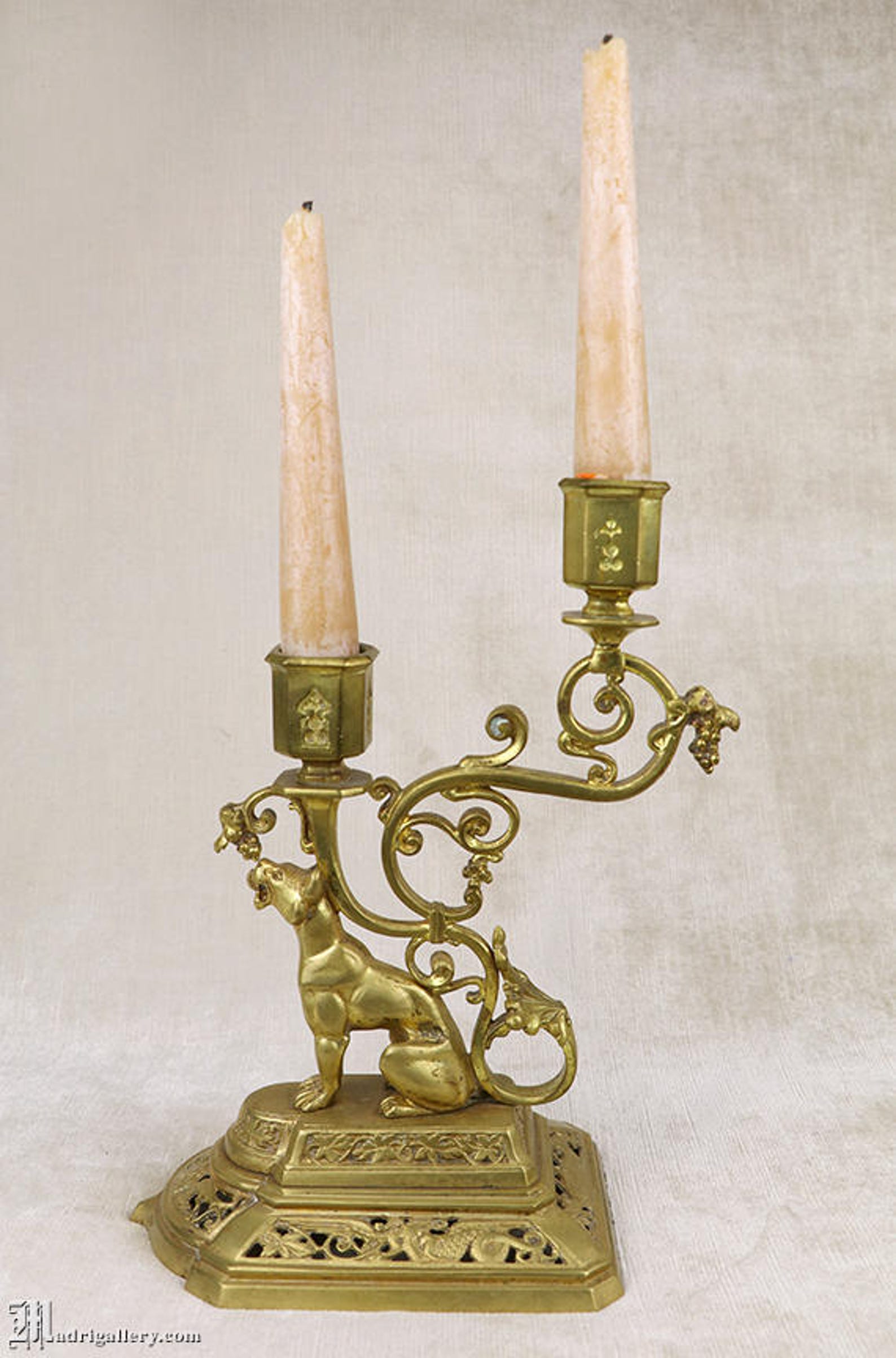 Antique 19th C. Cougar Candlestick Candelabra Gilt Bronze Ormolu Candle ...
