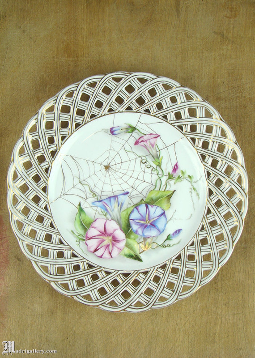 Antique Porcelain Cabinet Plate, Hand Painted Spiderweb and Flowers ...