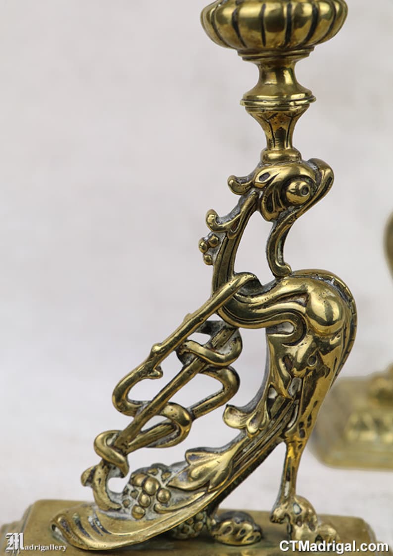 Antique Pair Griffin Candlesticks Gilt Brass Bronze Candle Stick Holder ...