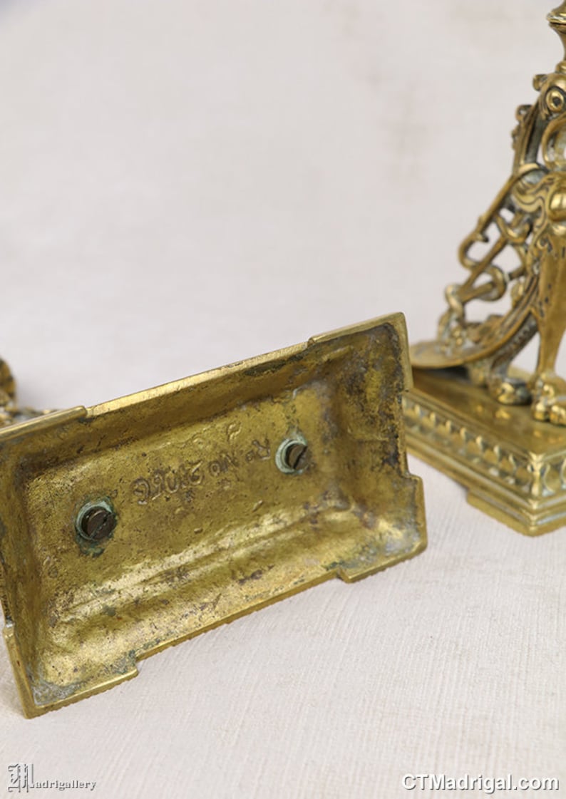 Antique Pair Griffin Candlesticks Gilt Brass Bronze Candle Stick Holder ...