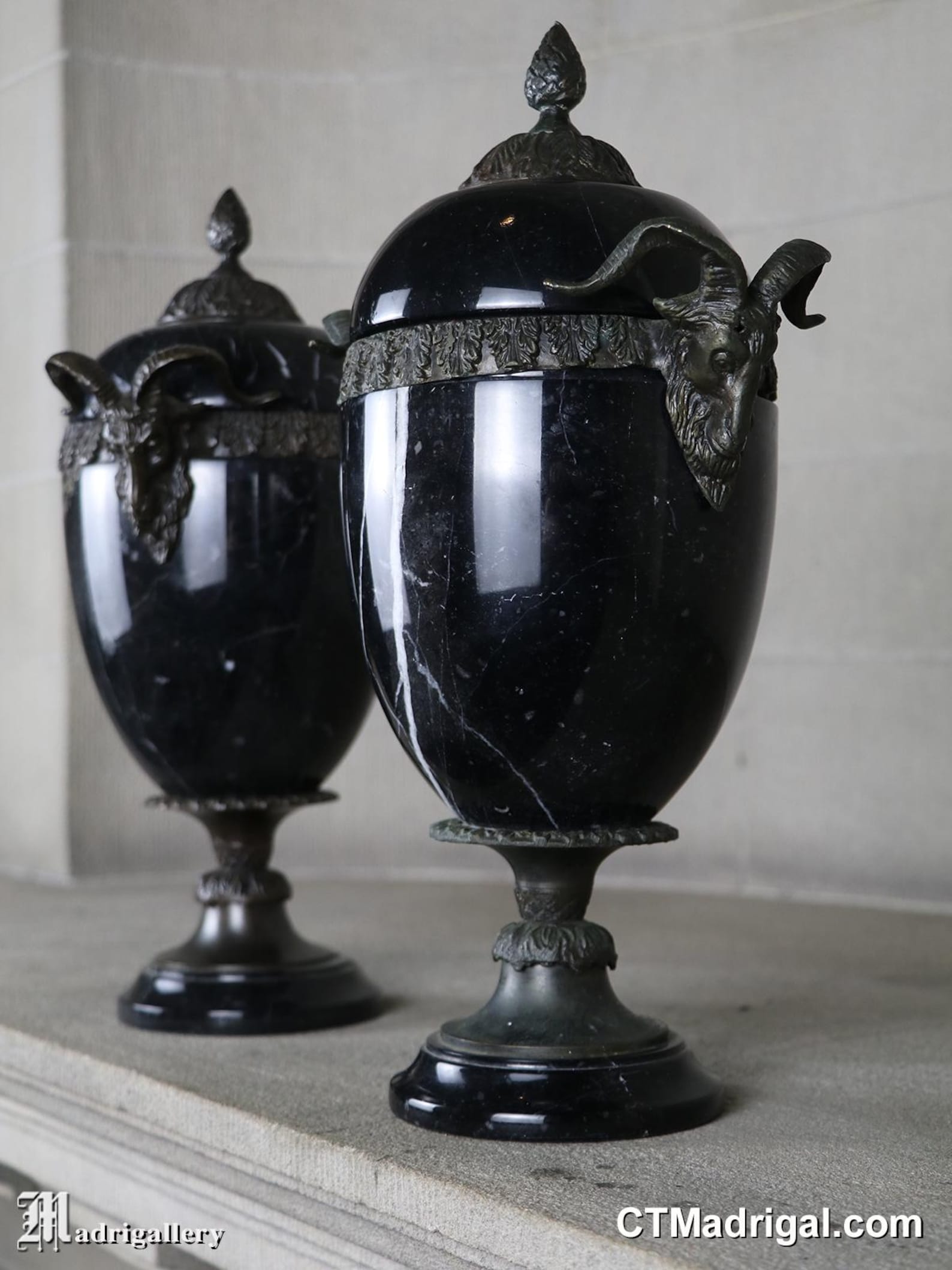 Pair Antique Marble Urn Vase Pot Jars Bronze Goat Ram Handles Black ...
