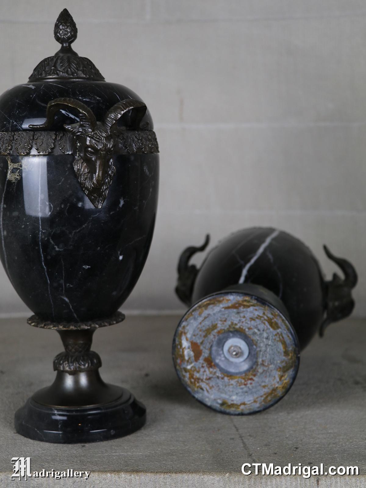 Pair Antique Marble Urn Vase Pot Jars Bronze Goat Ram Handles Black ...