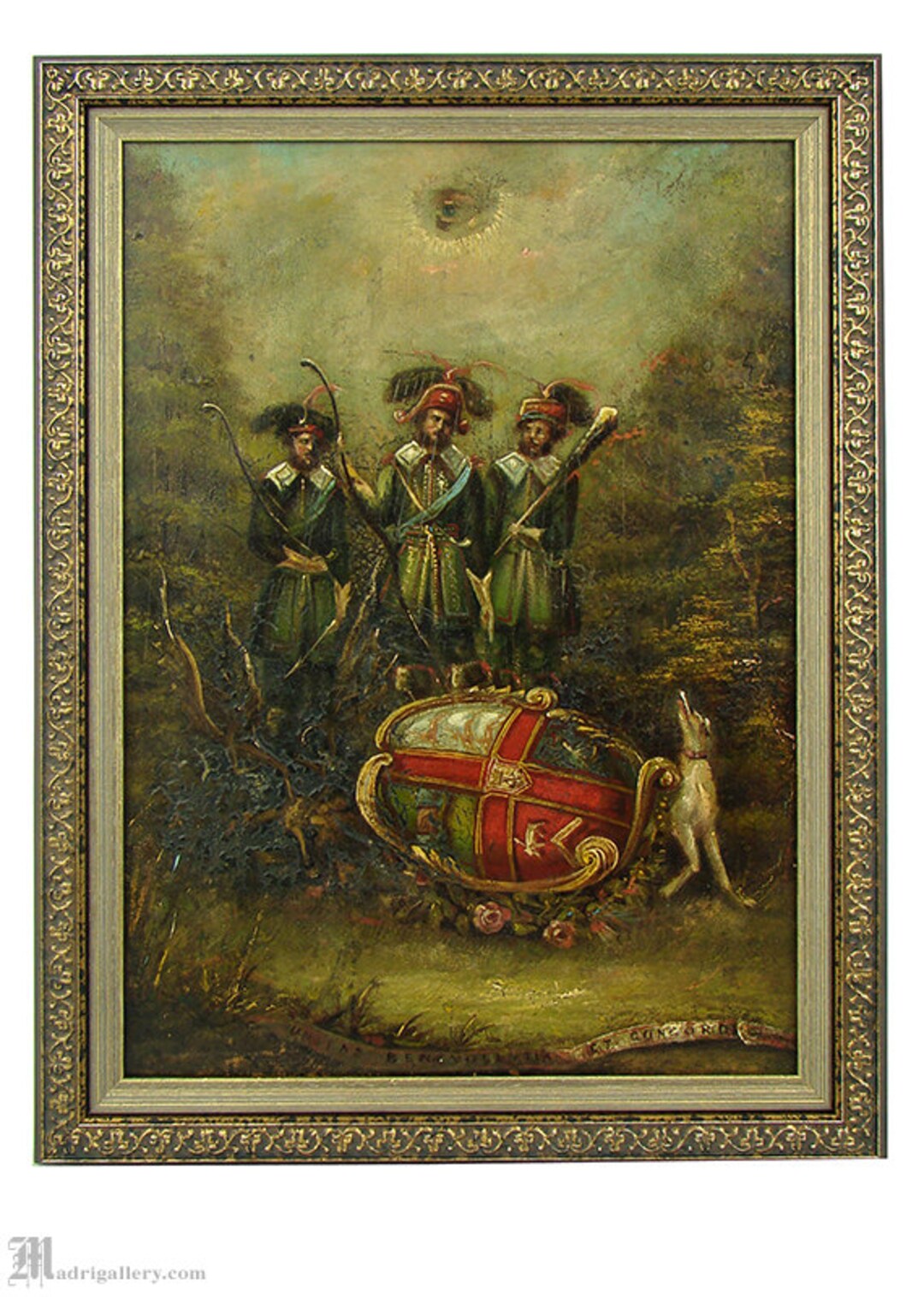 17th Century Antique Oil Painting, Hunters and Hound in Landscape ...