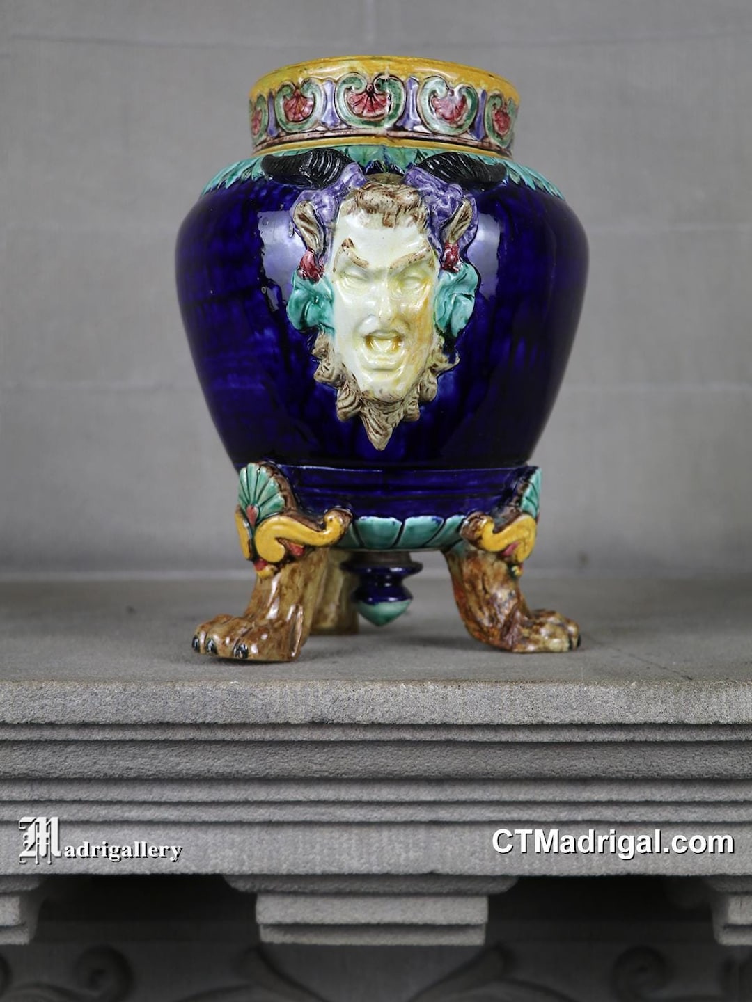 Antique Devil Vase, Blue Majolica Porcelain Satyr Ceramic Urn, Hand ...