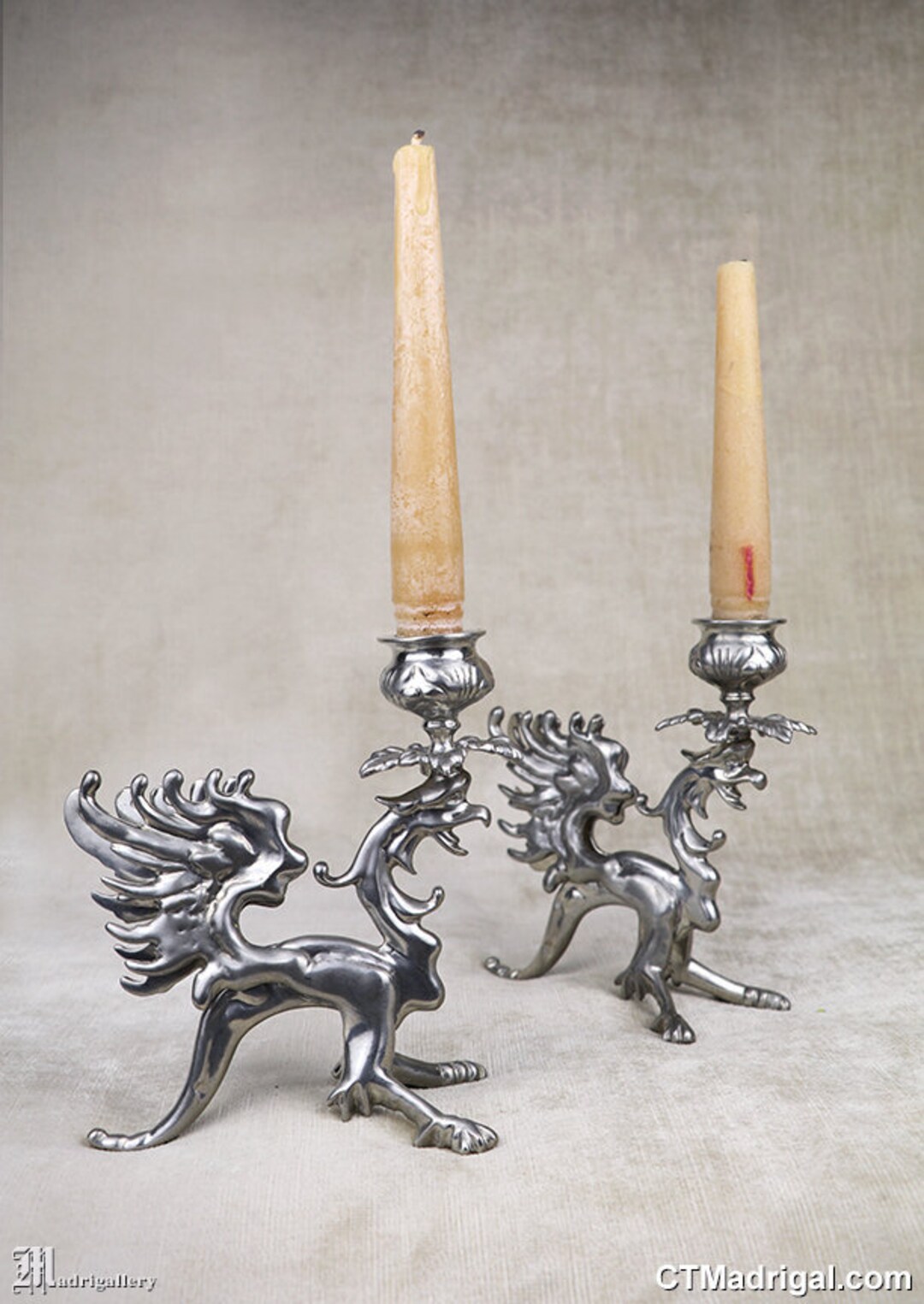 Old Nickel Silver Candlestick Pair, Griffin Dragon 2 Candle Holders ...