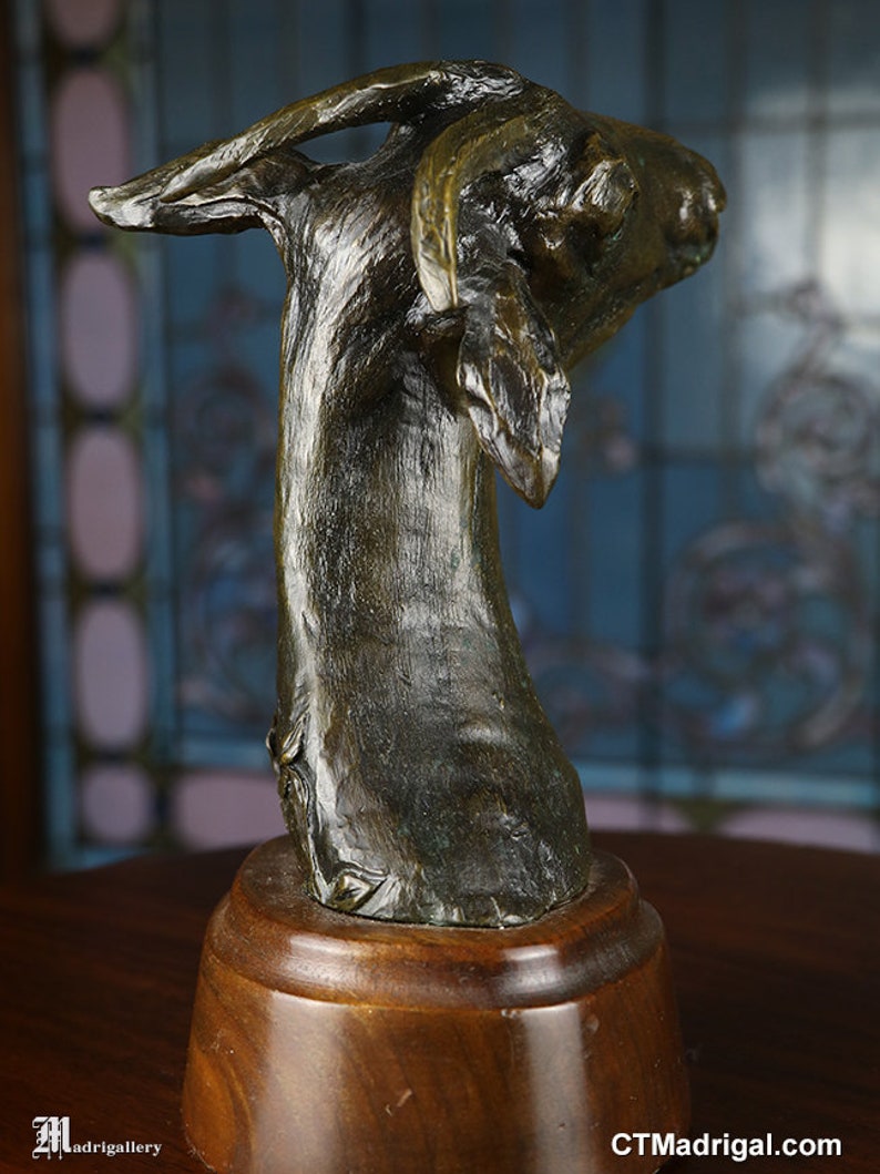 Bronze Goat Sculpture, Wood Base Animal Figurine Statue Bust Hunting ...