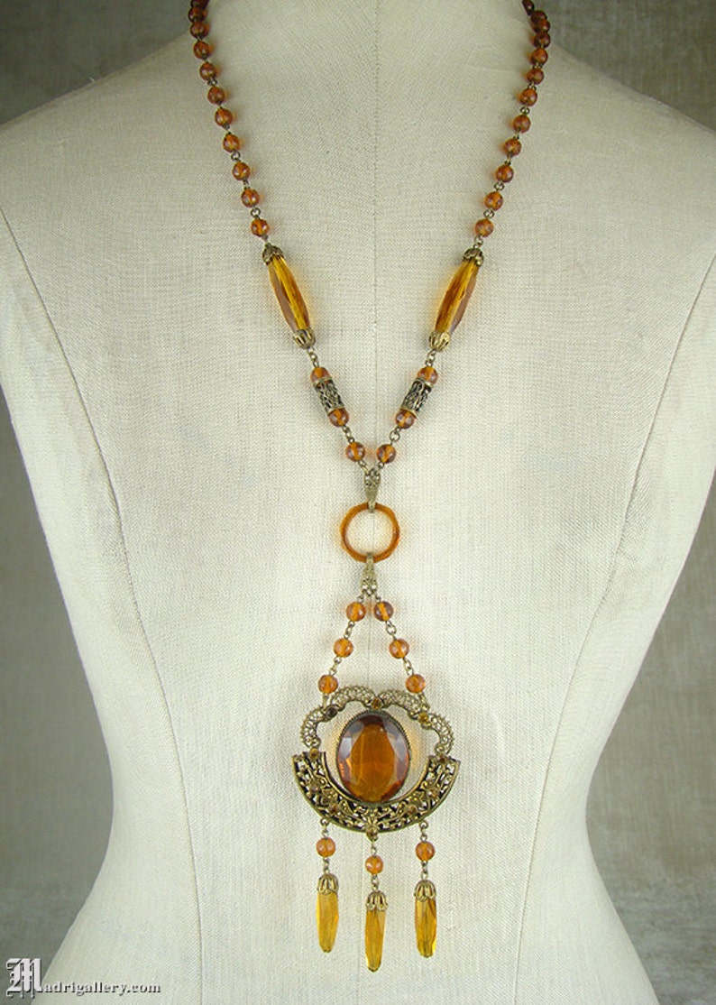 1920s Flapper Necklace, Antique Art Deco Glass Brass Sautoir Filigree ...
