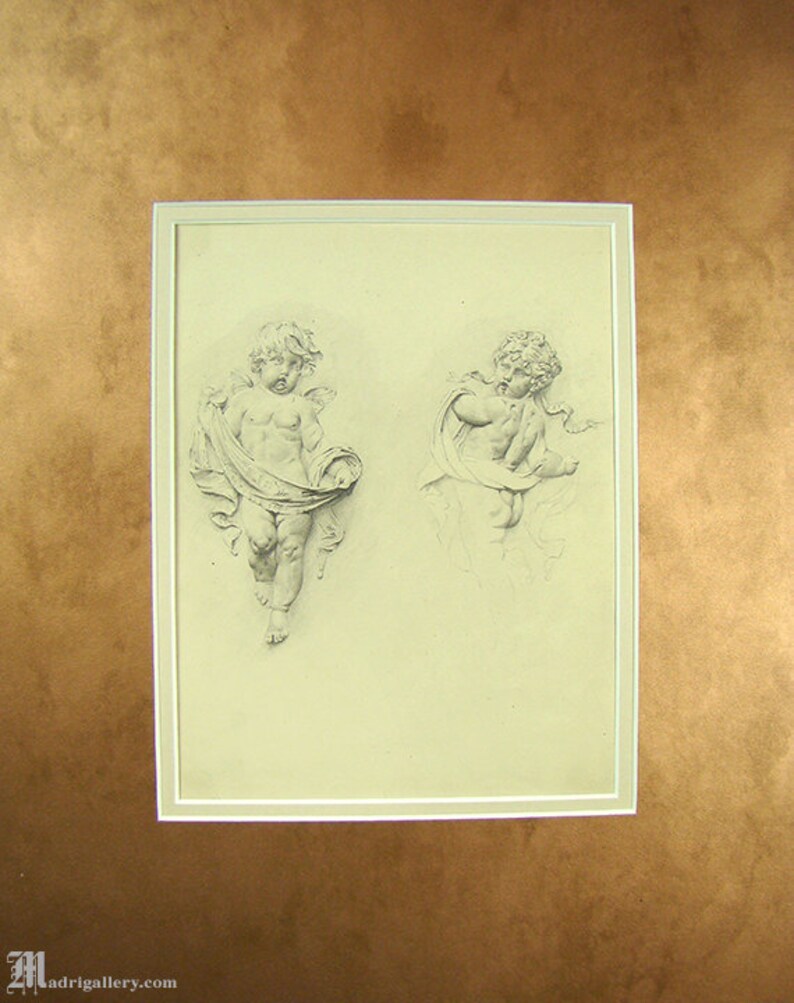Antique Drawing, Putto Putti Cupid Children, Ornate Gilt Wood Frame ...