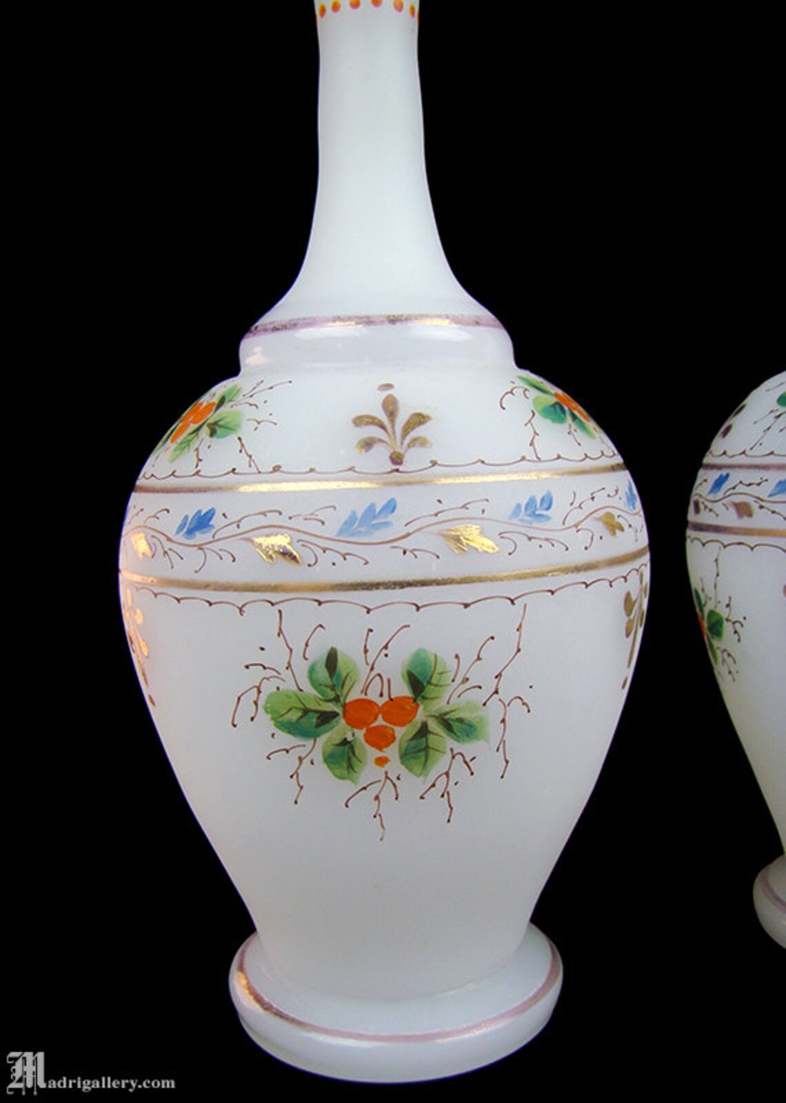 Antique Victorian Pair Two Bristol Glass Vases, Hand Painted and Gilt ...