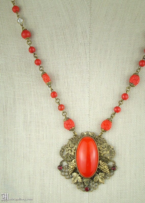 Glossy Red Glass Pendant Necklace in Ornate Gilded Filigree Setting ...