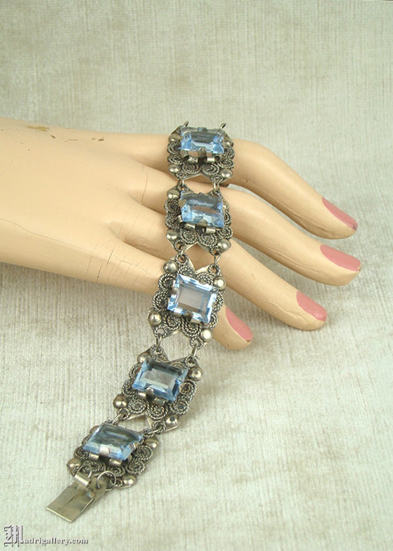 Antique Sterling Silver Bracelet, Blue Faceted Glass, Hallmarked Silver ...
