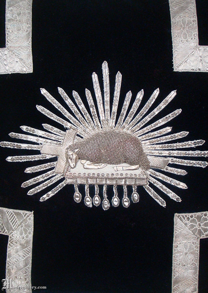 Antique Pillow, Agnus Dei Silver Metallic Stumpwork Lamb, Sequins ...