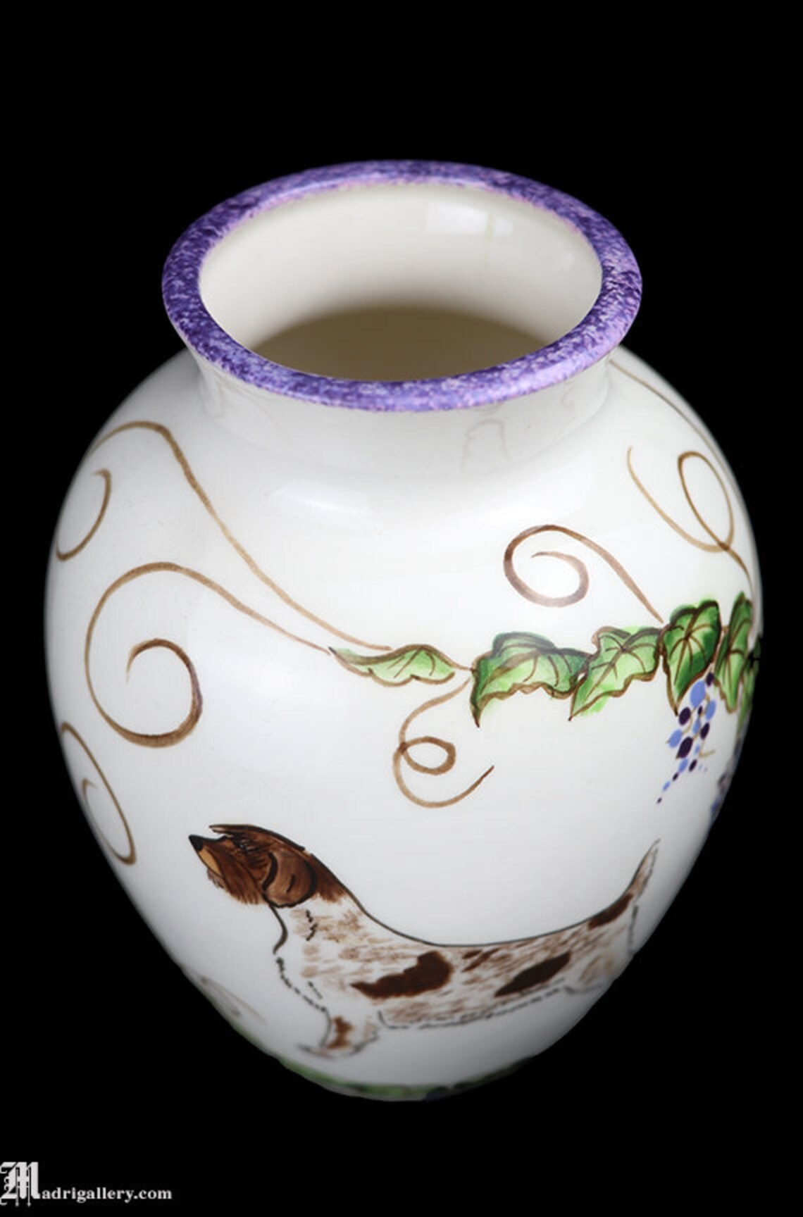 Hand Painted Ceramic Vase, Dog With Berries & Leaves, Country Decor ...