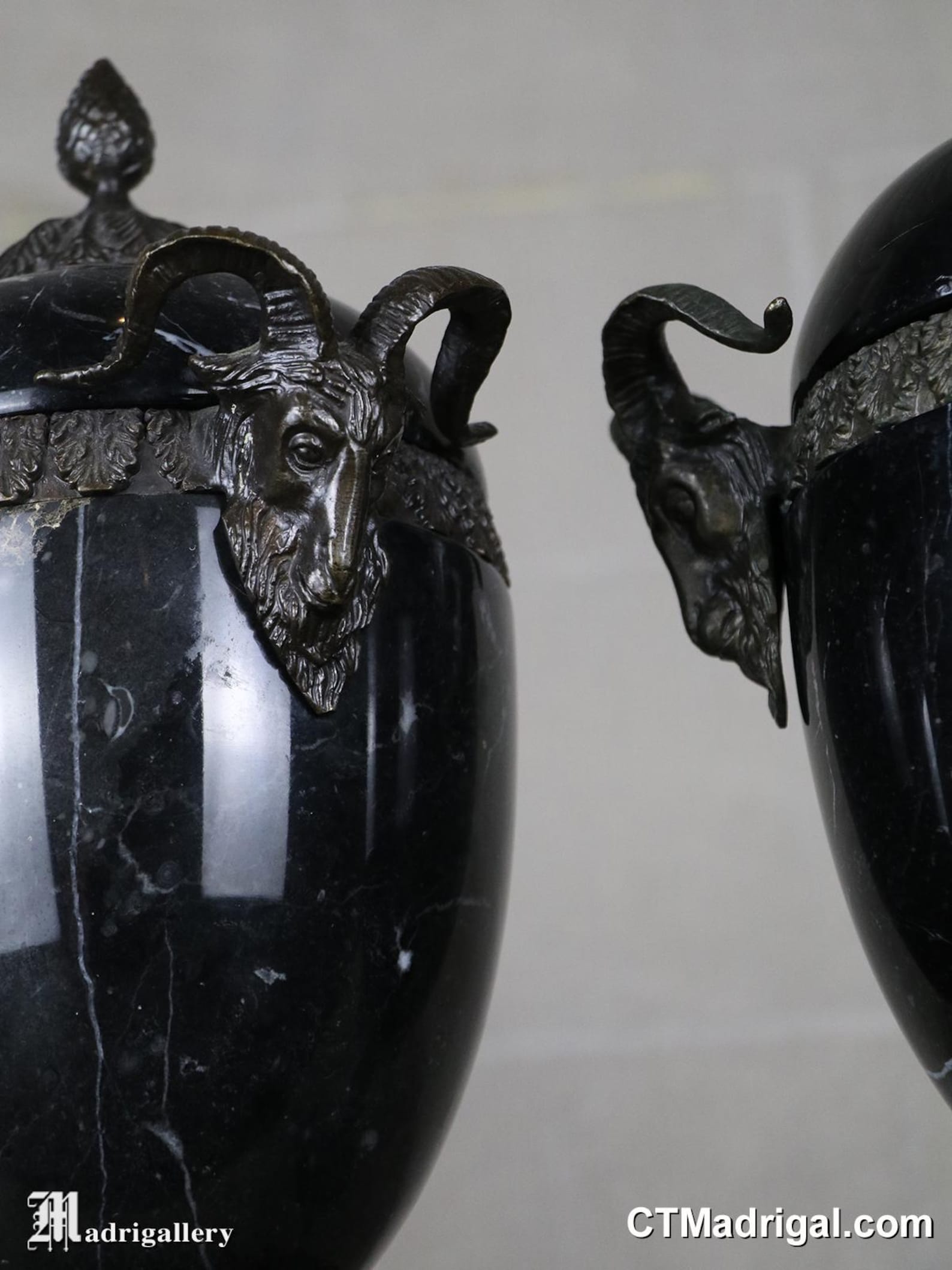 Pair Antique Marble Urn Vase Pot Jars Bronze Goat Ram Handles Black ...