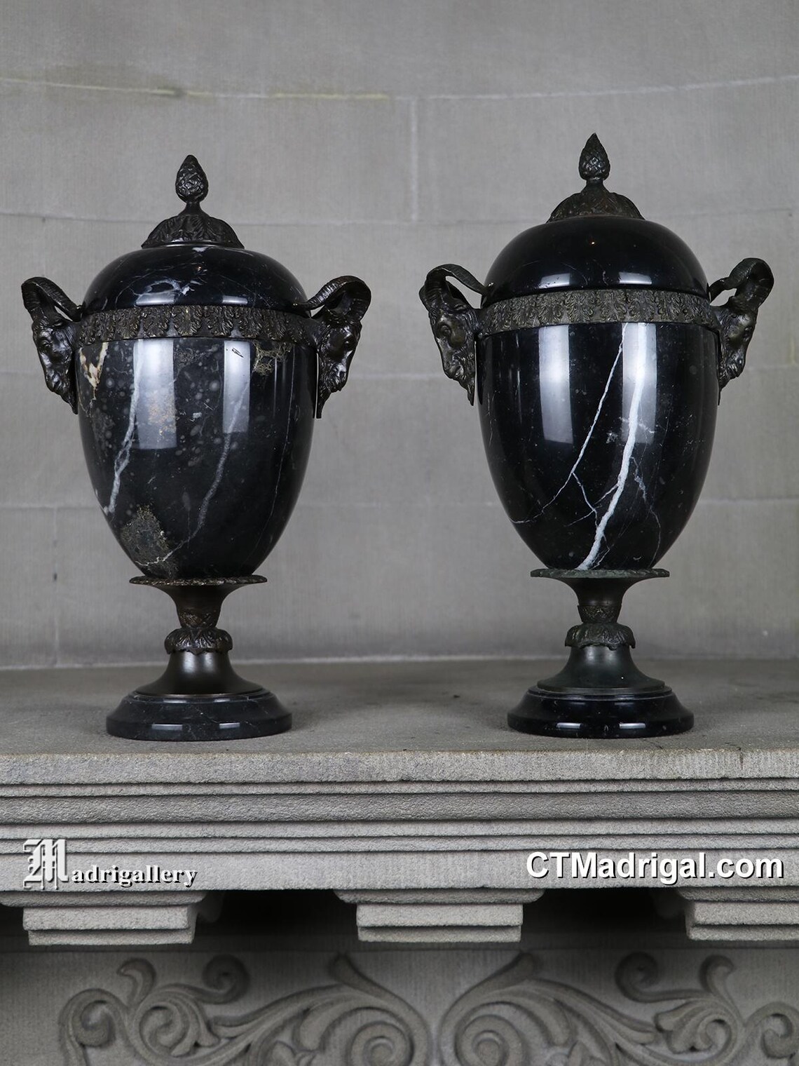 Pair Antique Marble Urn Vase Pot Jars Bronze Goat Ram Handles Black ...