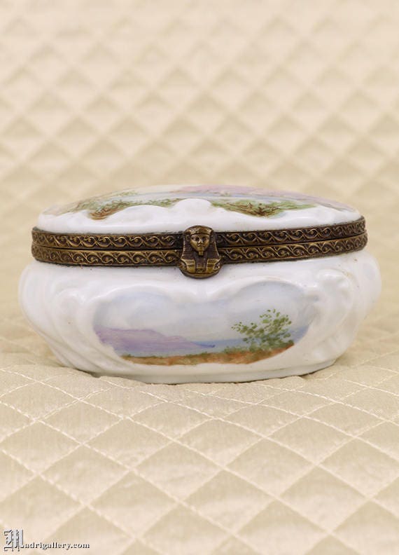 Antique Porcelain Box, Hand Painted Landscape, Jewelry Trinket Casket ...