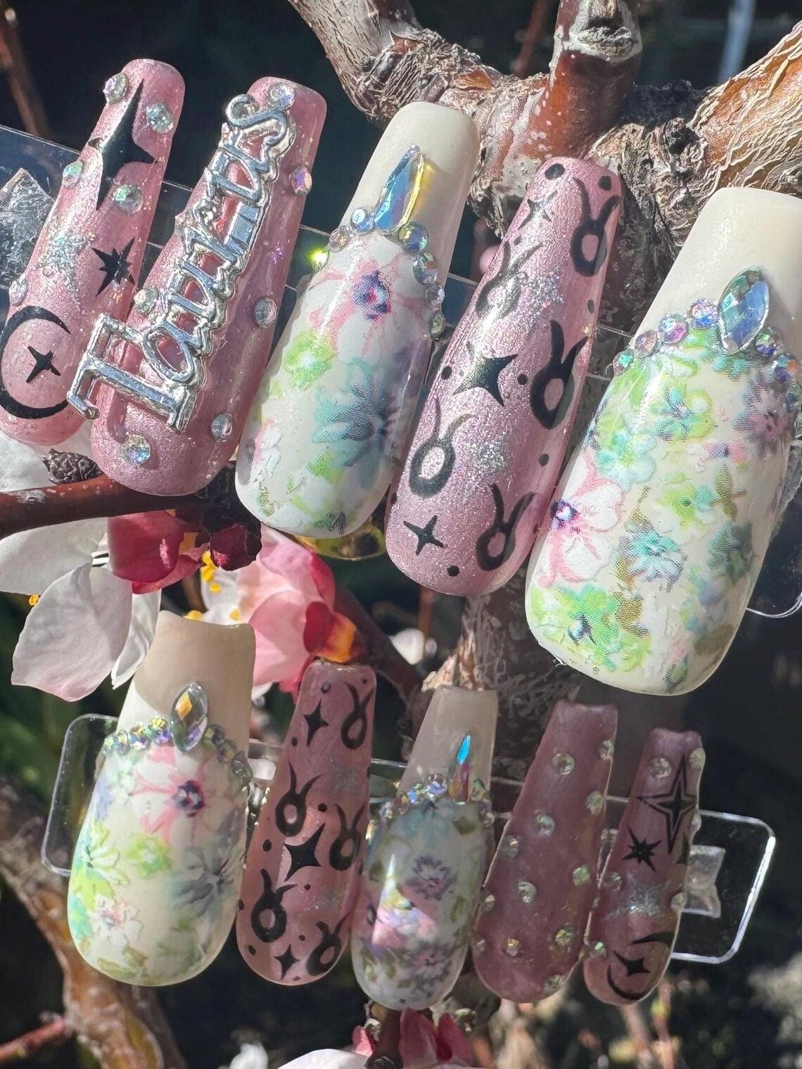 Taurus Zodiac Press on Nails: Floral Rhinestone Gel Nail Set - Etsy