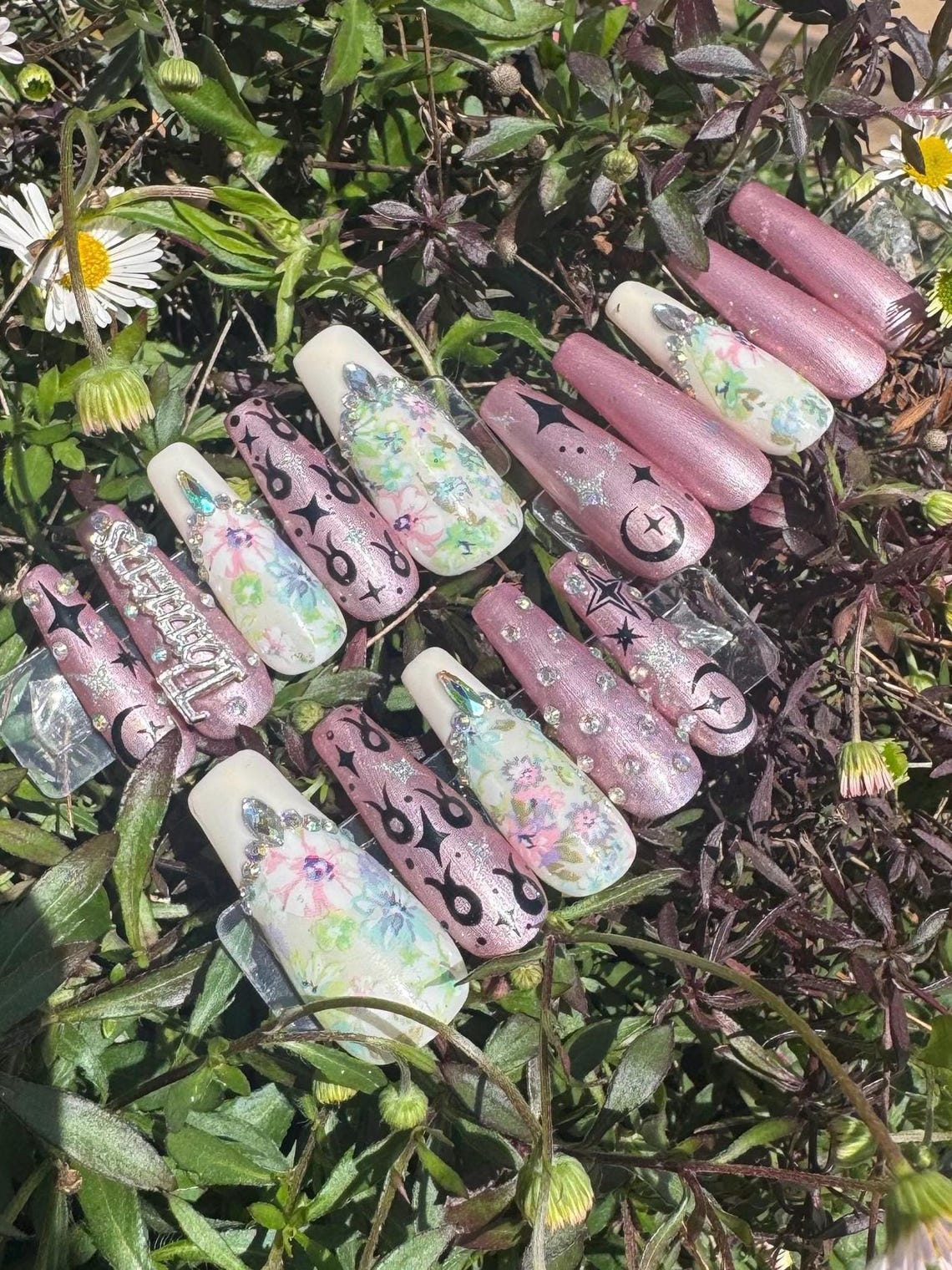 Taurus Zodiac Press on Nails: Floral Rhinestone Gel Nail Set - Etsy