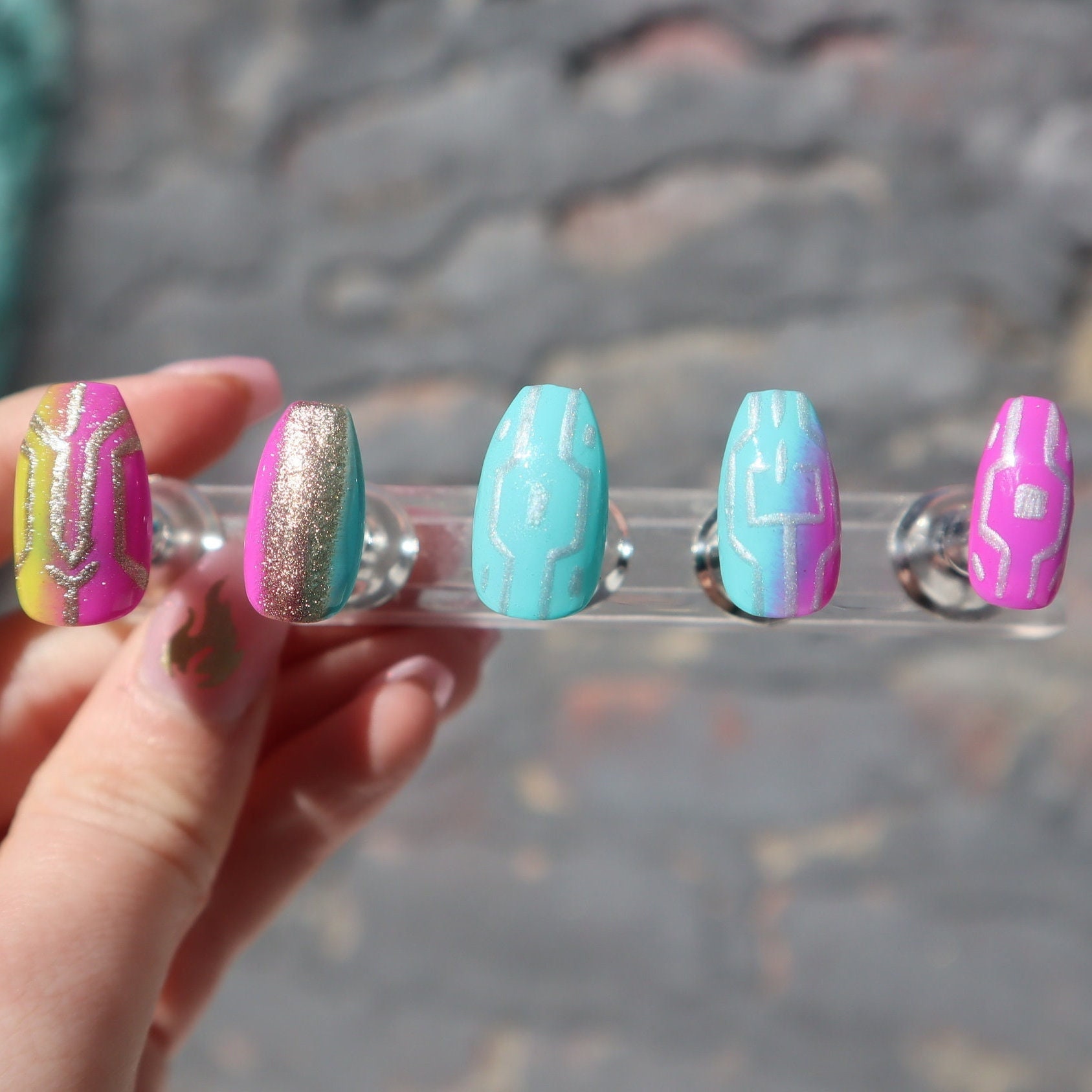 Cyberpunk Inspired Bright Sparkly Nail Set Custom Gel Nail Set15 Pieces ...