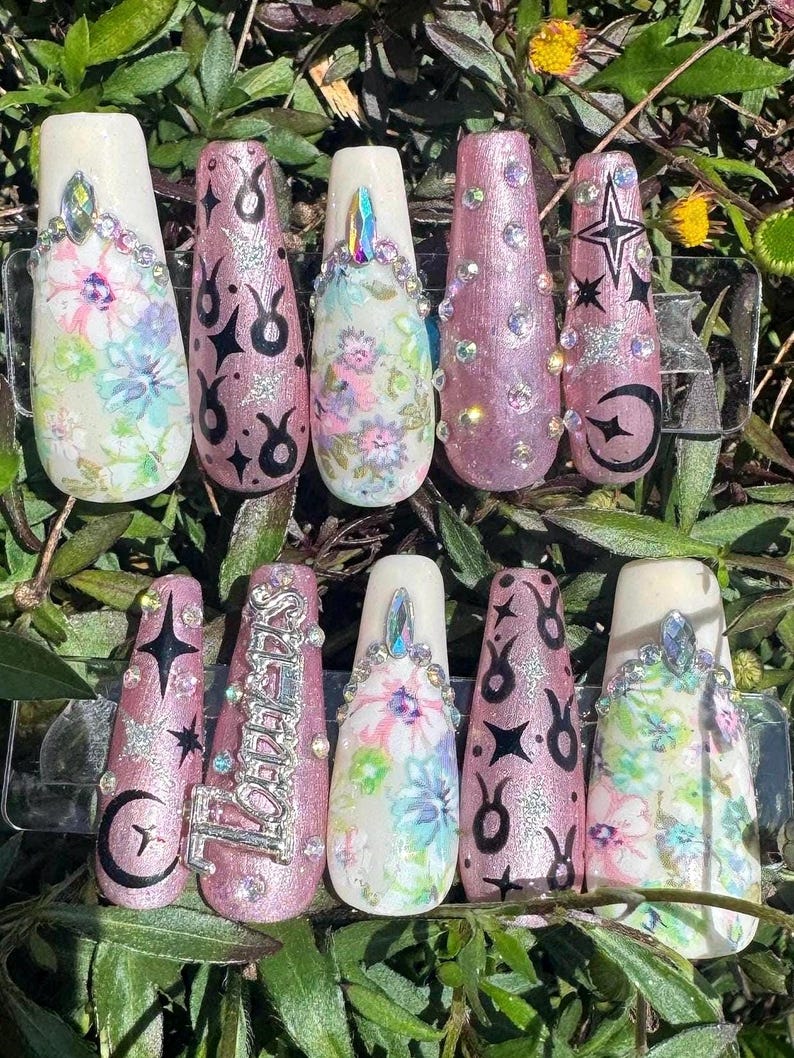 Taurus Zodiac Press on Nails: Floral Rhinestone Gel Nail Set - Etsy