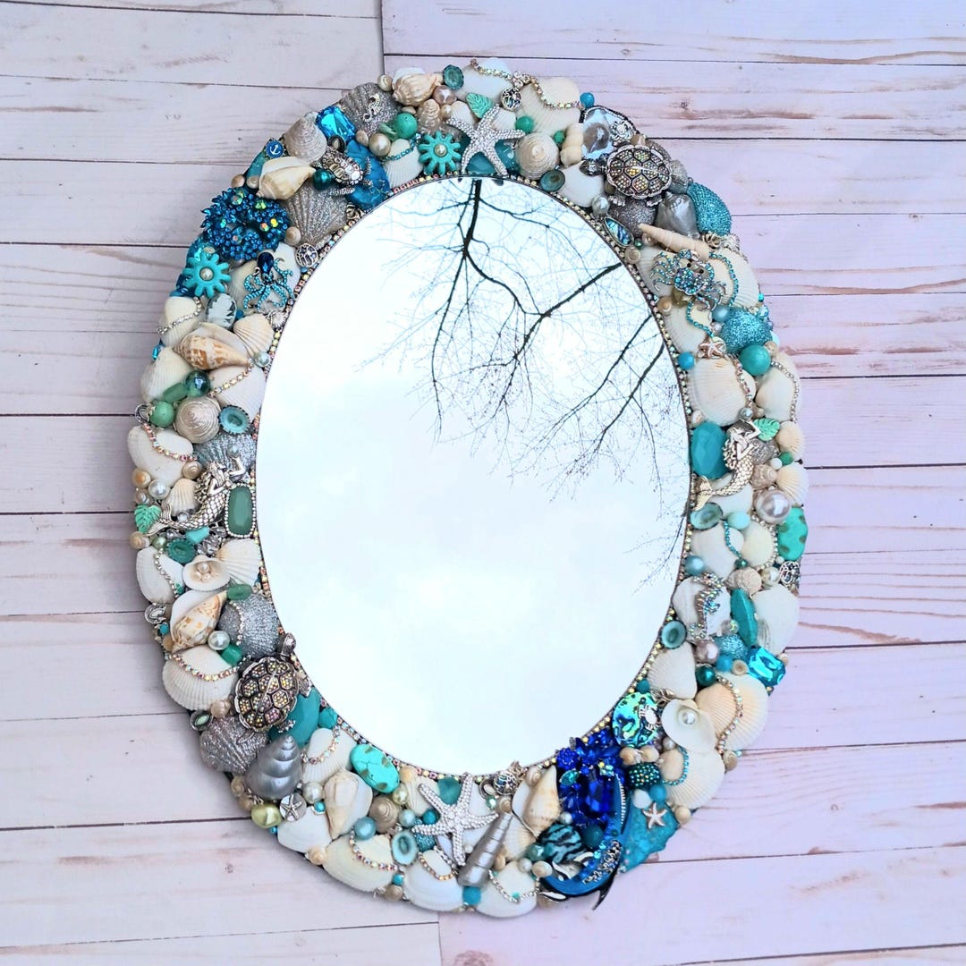 Shell Framed Mirror, Glam Coastal Decor, Oval Jeweled Mirror, Unique ...