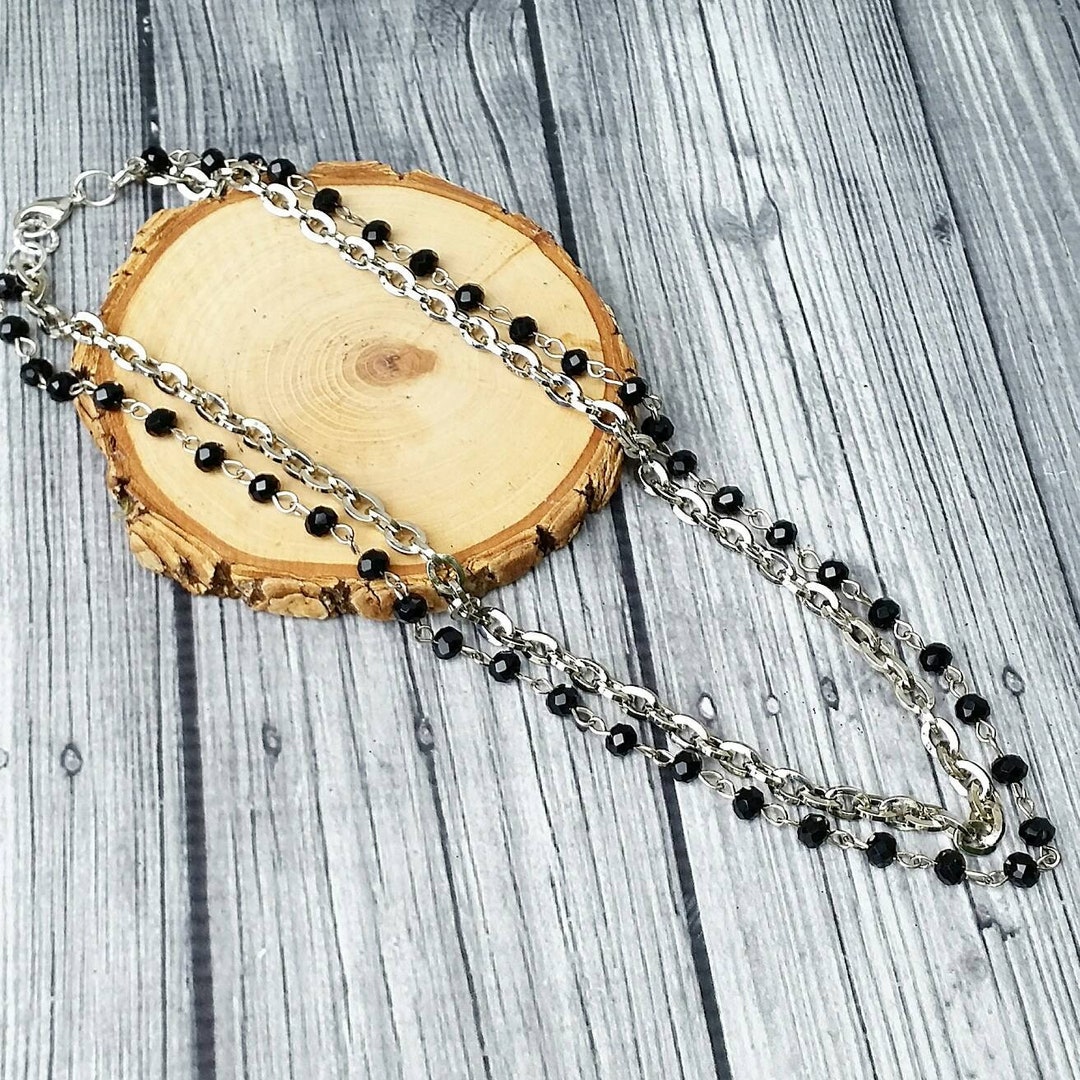 Layered Chain and Bead Necklace, Two Strand Necklace, Silver Statement ...