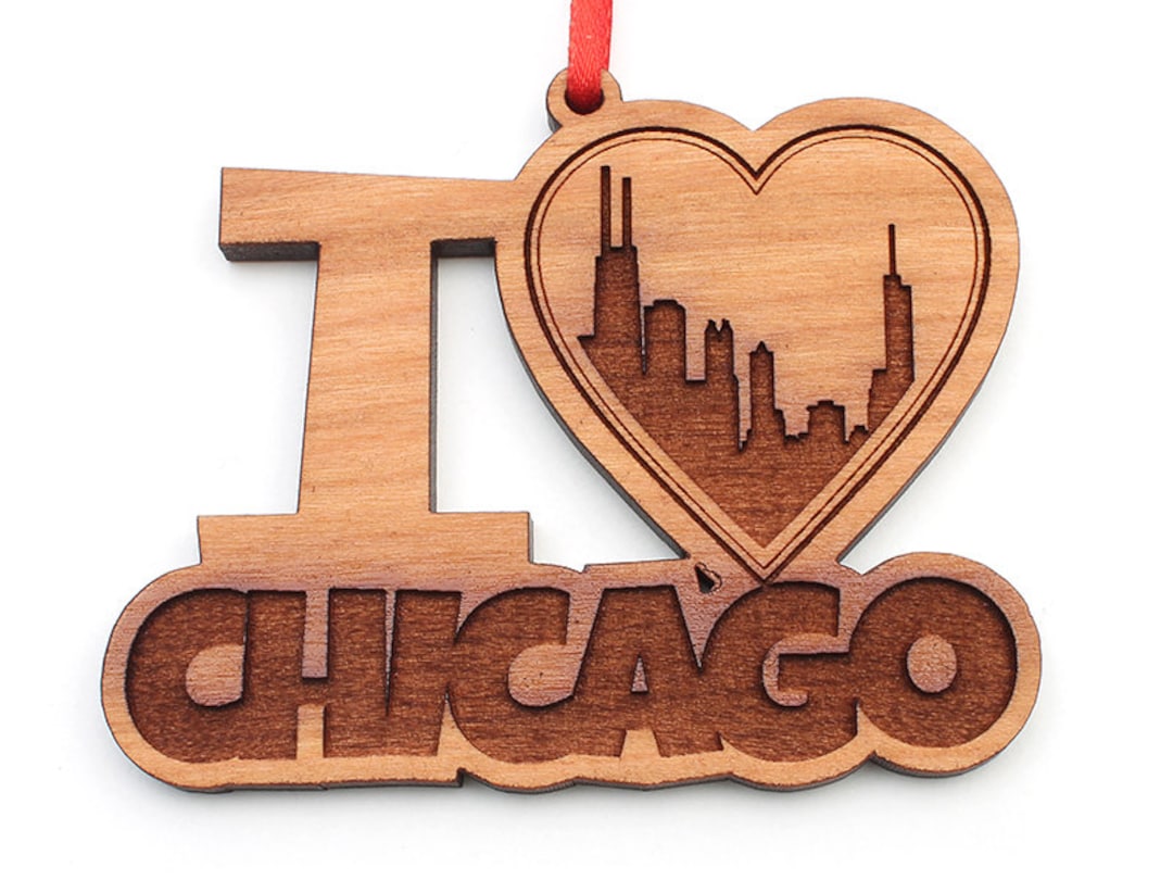 Chicago I Heart - Chicago IL Skyline in Heart Shape Black Cherry Wood ...
