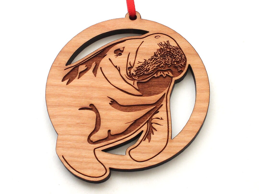Manatee Face Ornament - Sea Cow Engraved Black Cherry Wood Christmas ...