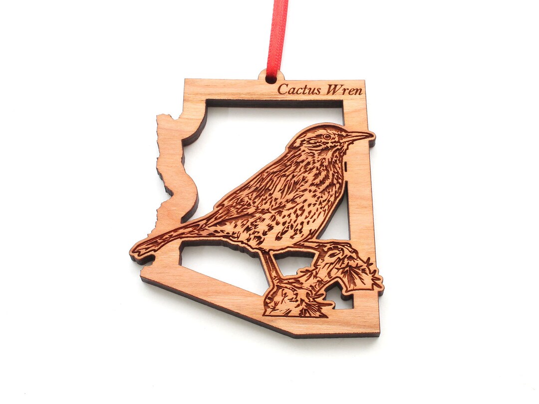 Arizona Cactus Wren Ornament - Engraved AZ Outline State Bird Wooden ...