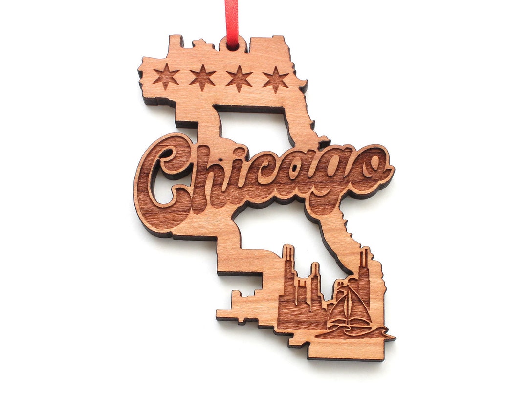 Chicago Themed City Outline Ornament - Chicago Script Downtown Icons ...