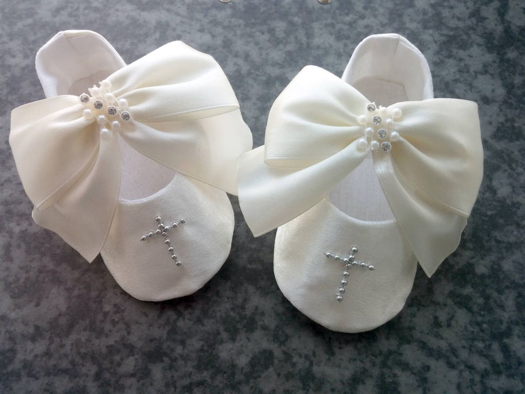 Soft Ivory Baptism Shoes, Cross Shoes, Ivory Satin Christening Shoes ...