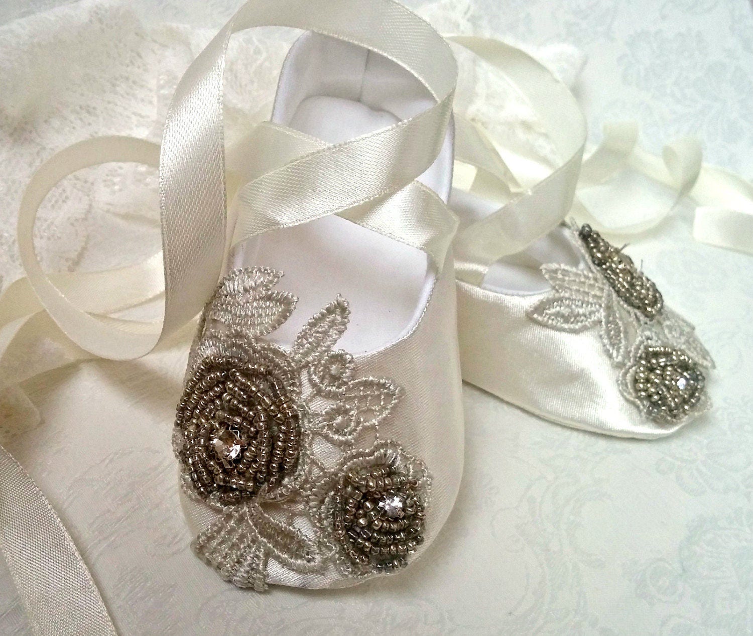 Rhinestone Ivory Christening Shoes Baptism Baby Lace Hand - Etsy