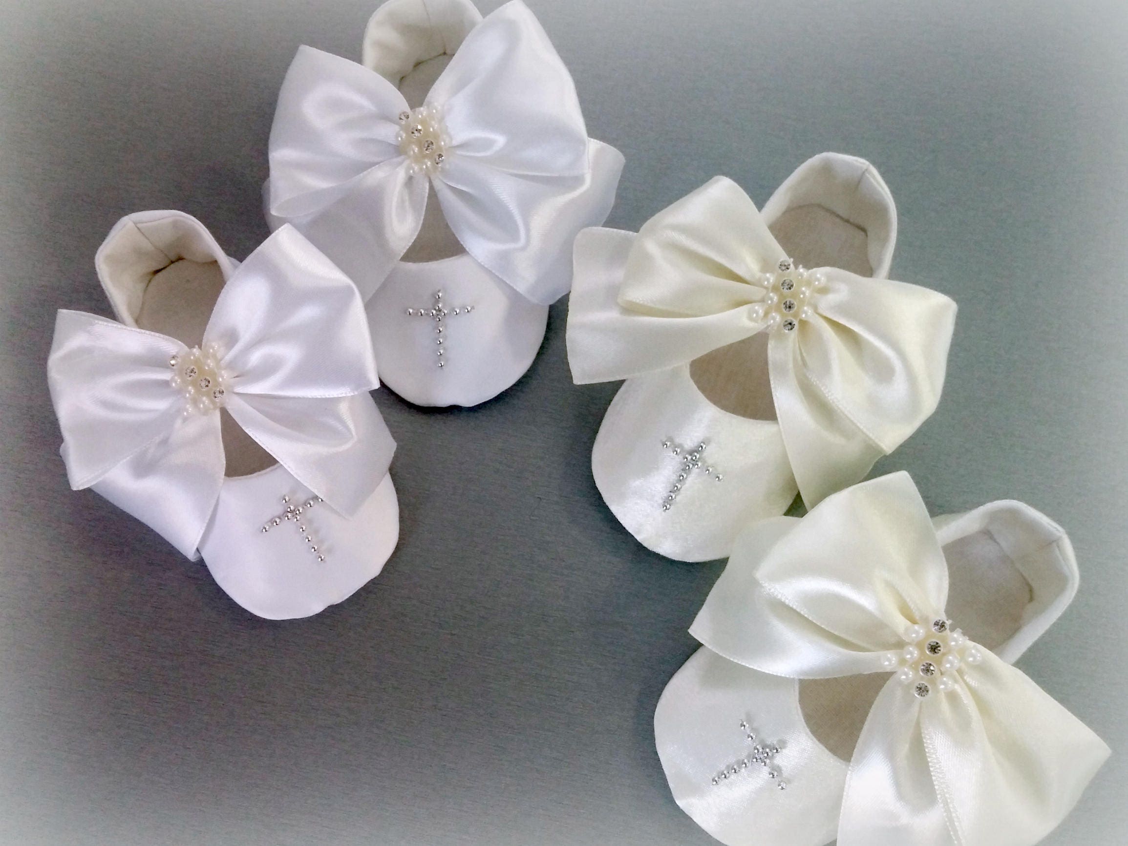 Bow and Cross / White or Ivory Christening Shoes for Girl - Etsy