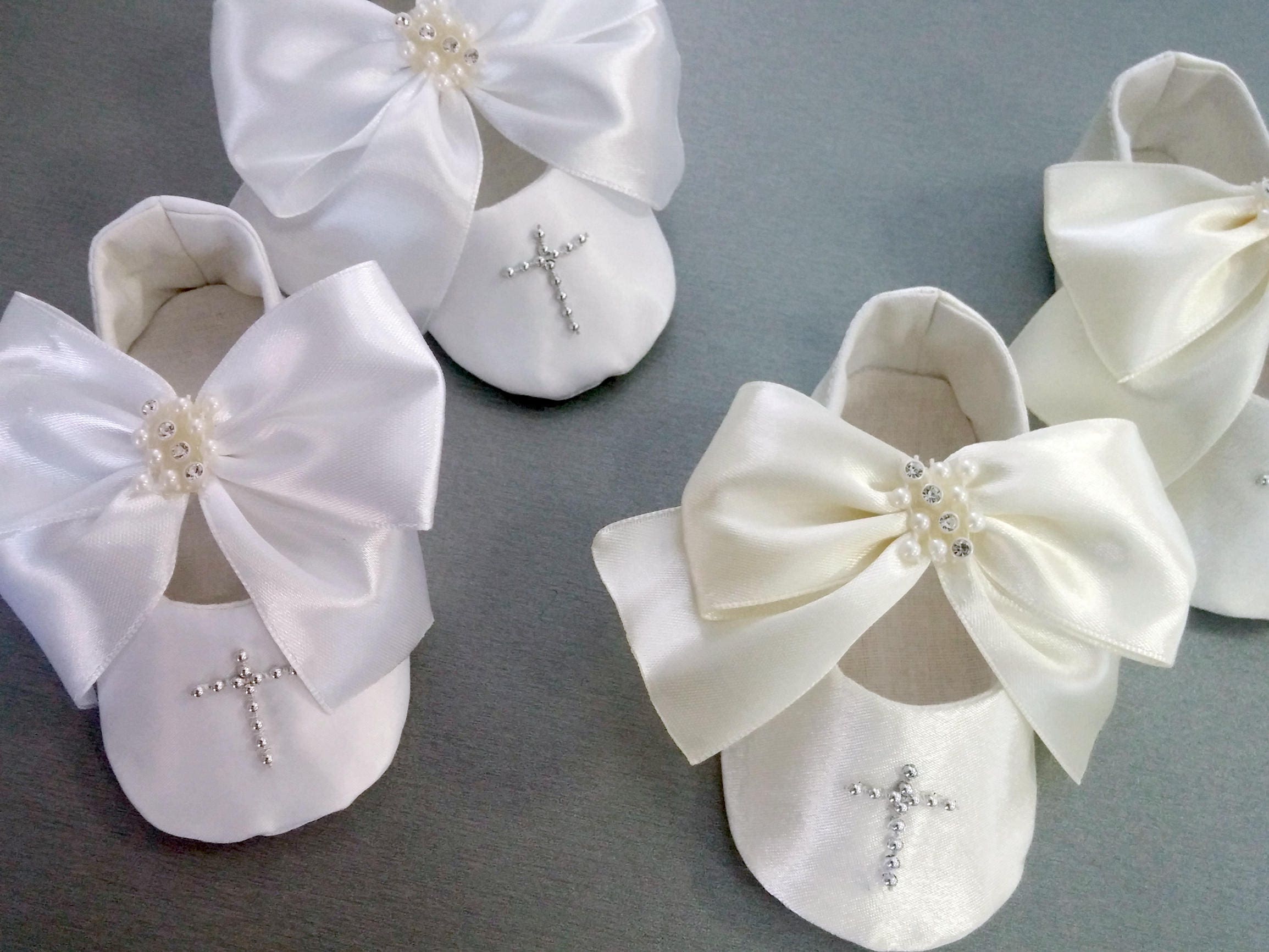 Bow and Cross / White or Ivory Christening Shoes for Girl - Etsy