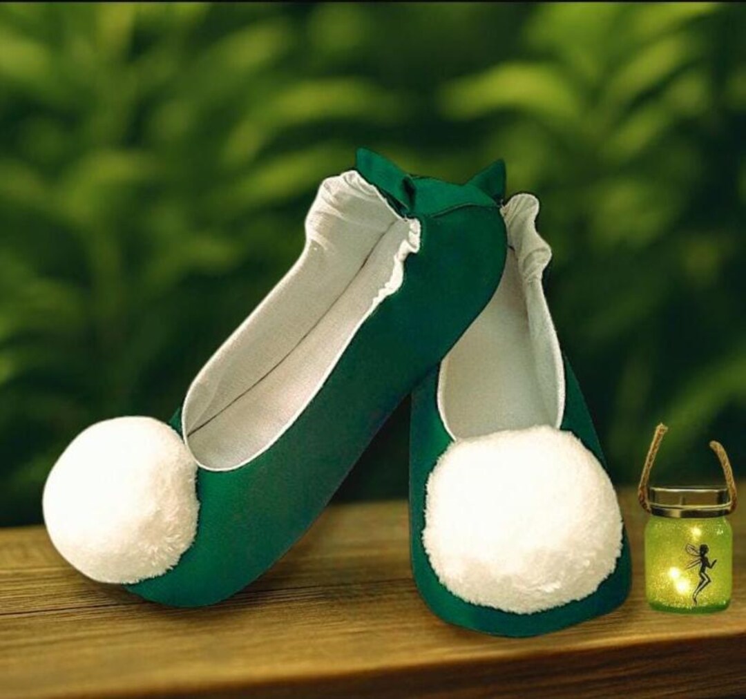 Adult Tinkerbell Inspired Flats: Green Satin Costume Shoes With Pom Pom ...