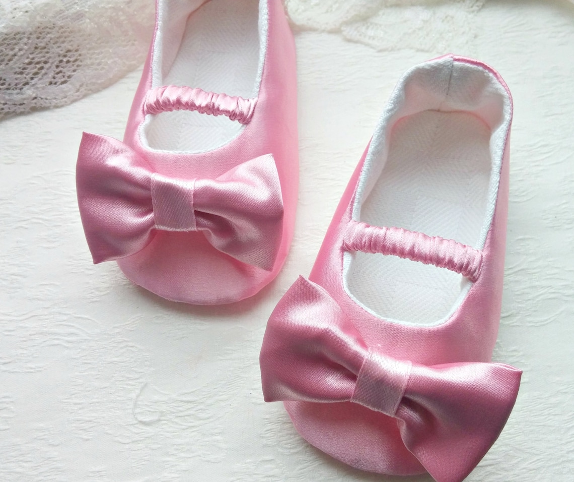 Pink Satin Girl Shoes, Pink Christening Shoes, Bow Shoes, Baptism ...