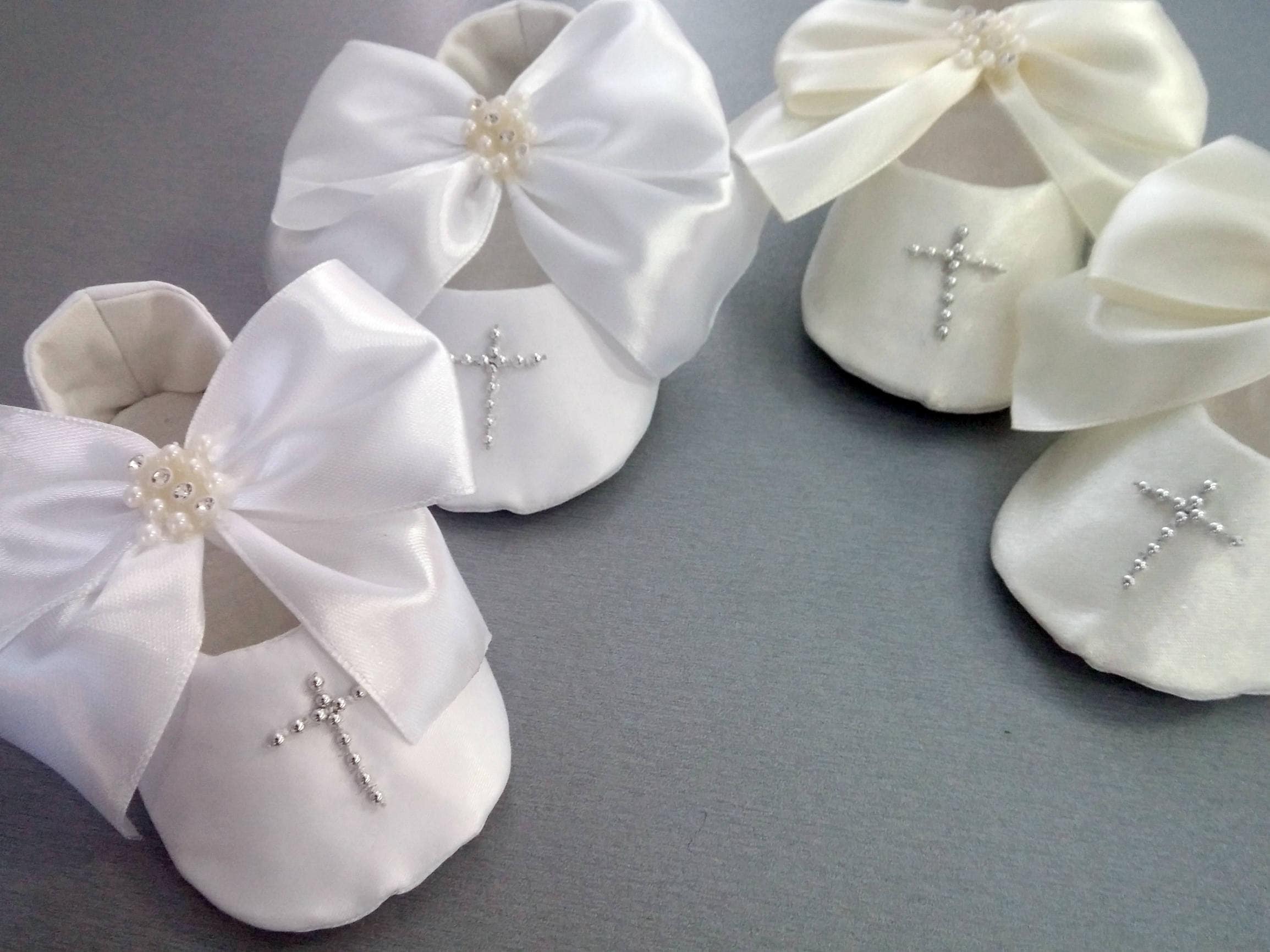 Bow and Cross / White or Ivory Christening Shoes for Girl Infant ...