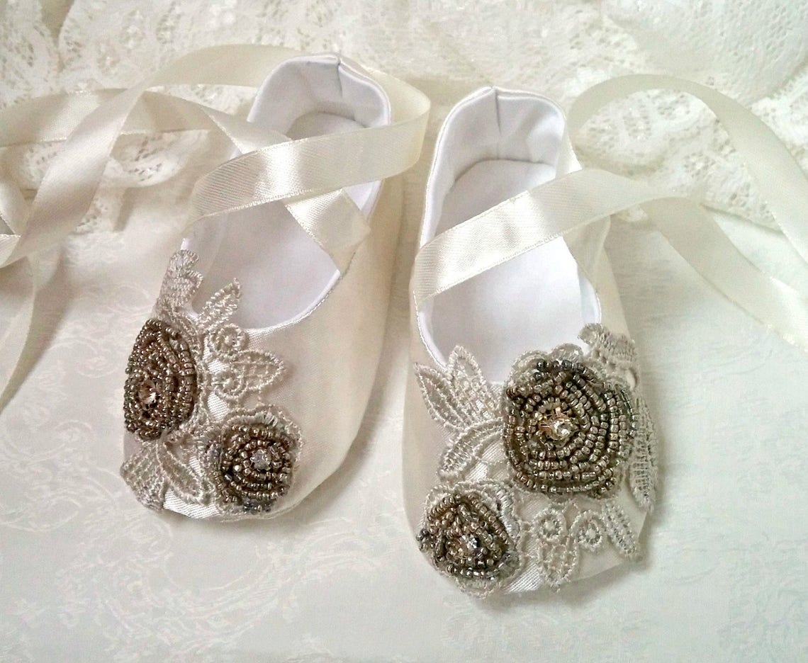 Rhinestone Ivory Christening Shoes Baptism Baby Lace Hand - Etsy