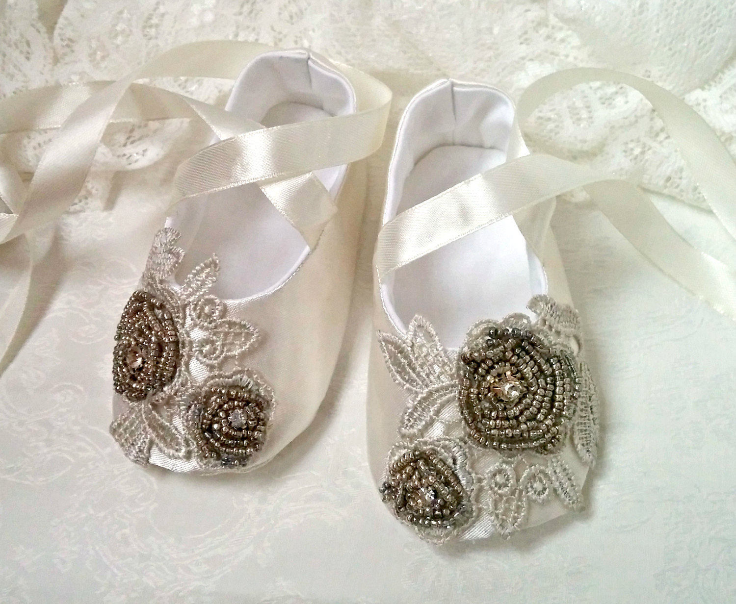 Rhinestone Ivory Christening Shoes Baptism Baby Lace Hand - Etsy