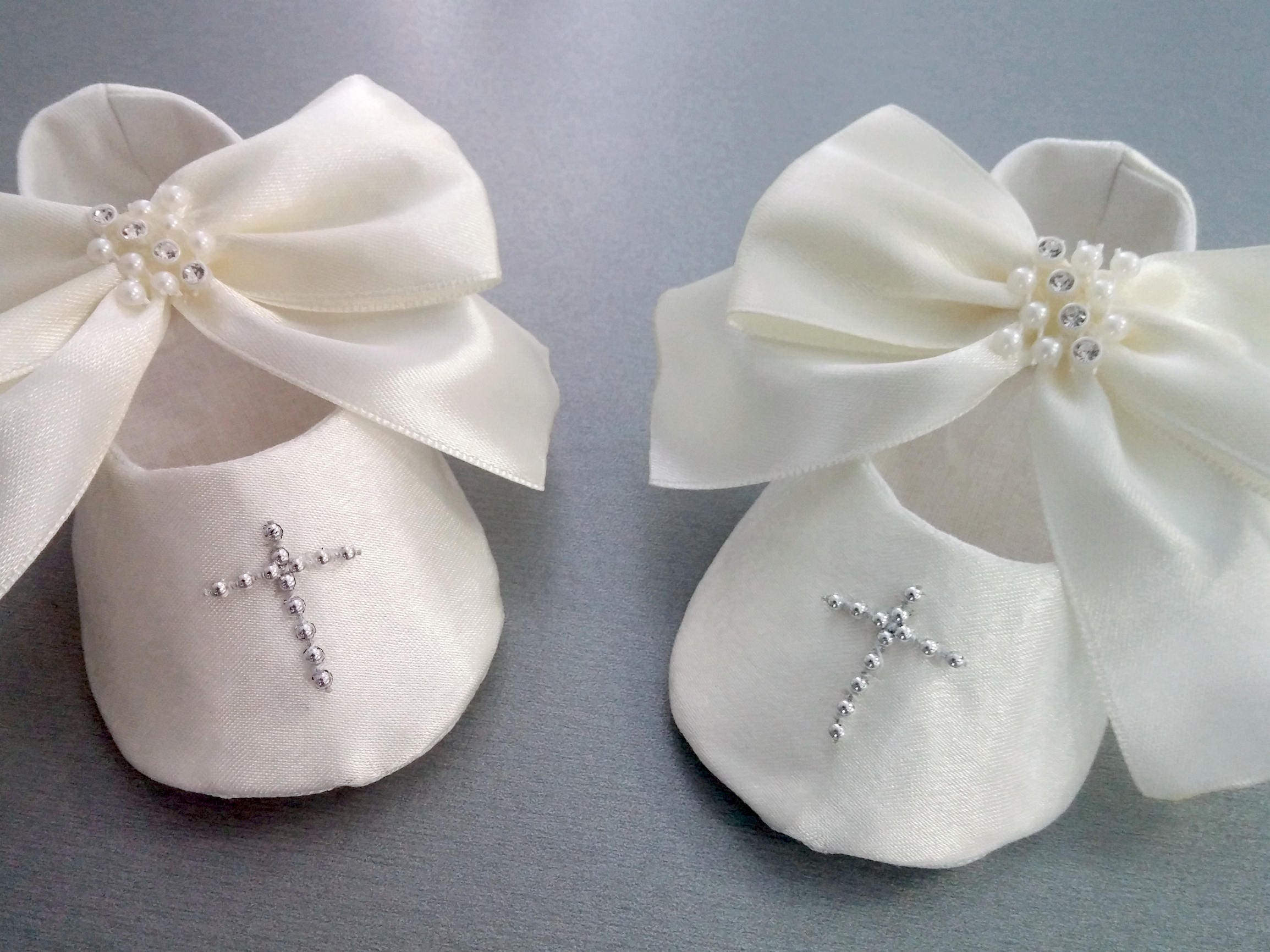 Soft Ivory Baptism Shoes, Cross Shoes, Ivory Satin Christening Shoes ...