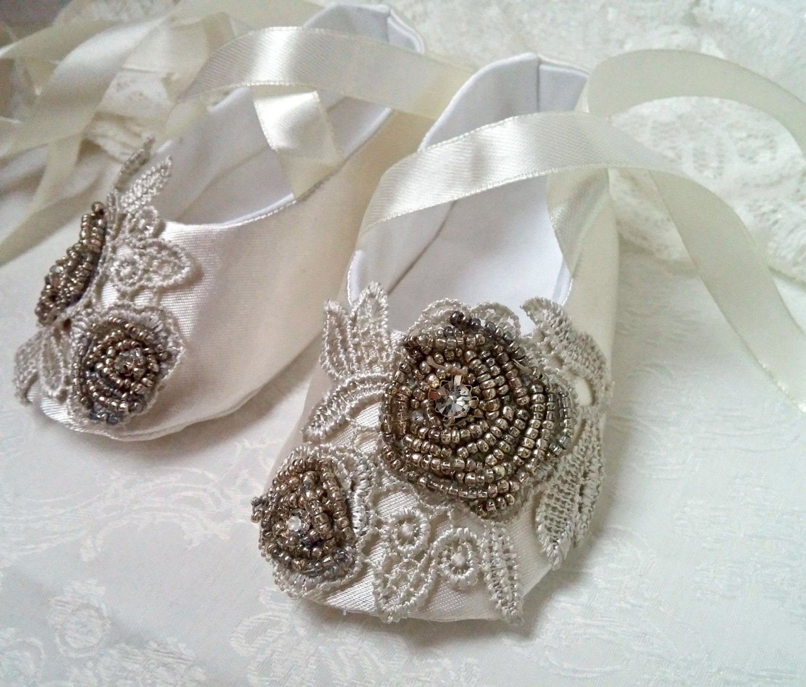 Rhinestone Ivory Christening Shoes Baptism Baby Lace Hand Beaded Crib ...