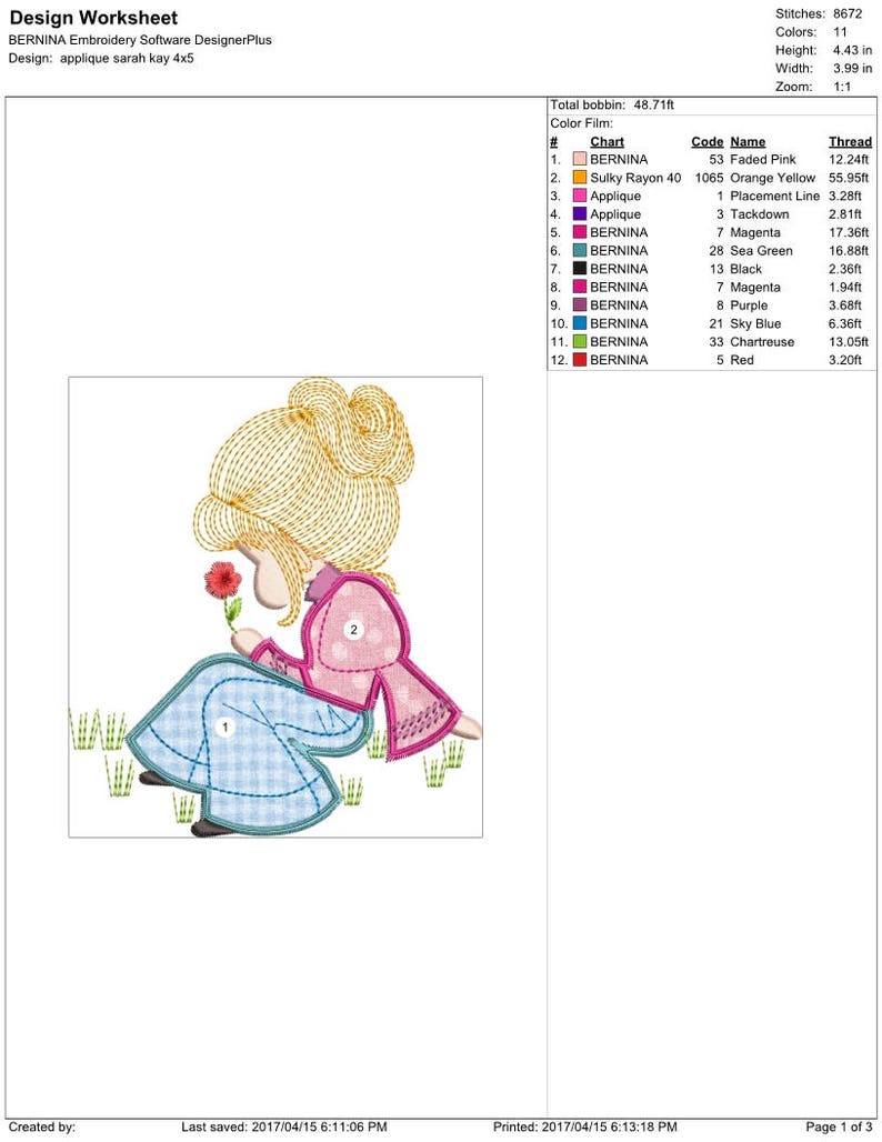 APPLIQUE SARAH KAY Machine Embroidery Download 3 Diff Size 4x5 5x6 ...