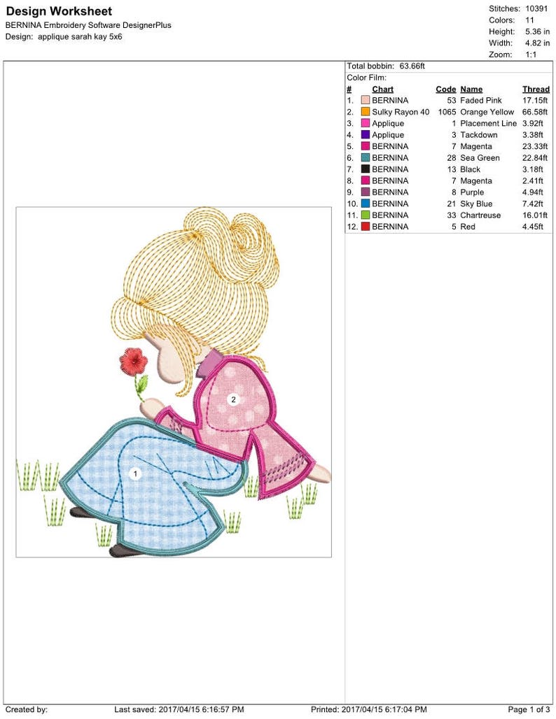 APPLIQUE SARAH KAY Machine Embroidery Download 3 Diff Size 4x5 5x6 ...