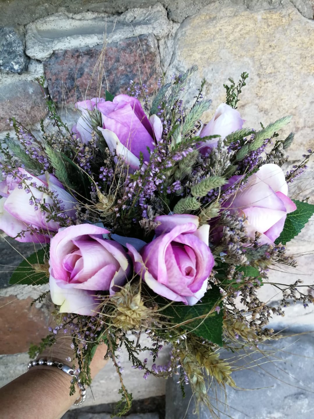 Heather and Purple Rose Bouquet Heather and Wild Grasses Rustic Wedding ...