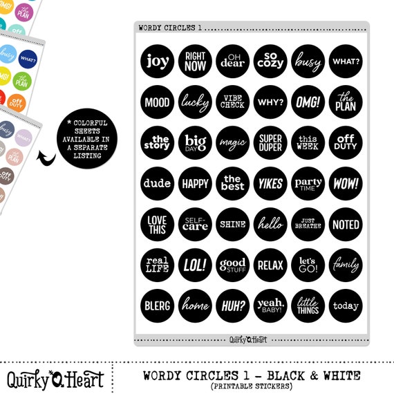 Wordy Circles Black & White Printable Stickers for Planning | Etsy