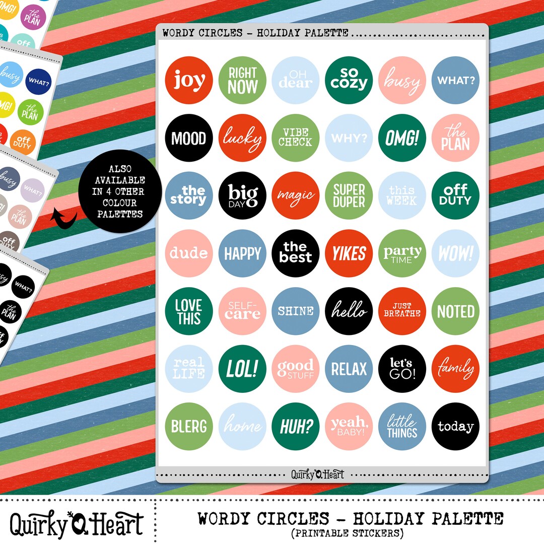 Wordy Circles Holiday Colours Printable Stickers for Planning ...